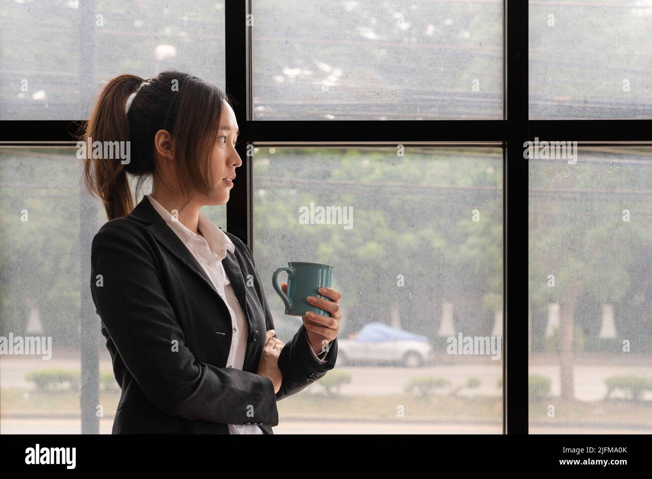 Portrait asian business woman entrepreneur standing at office window ...