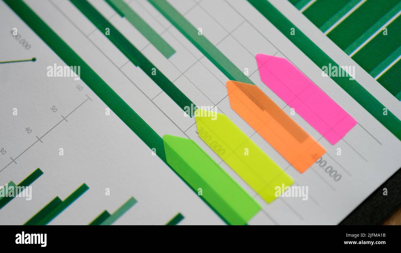 Colourful sticker stripes on business documents with charts and graphs ...
