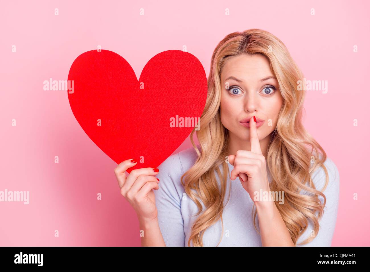 Portrait of pretty girl finger touch lips show shh symbol isolated on ...