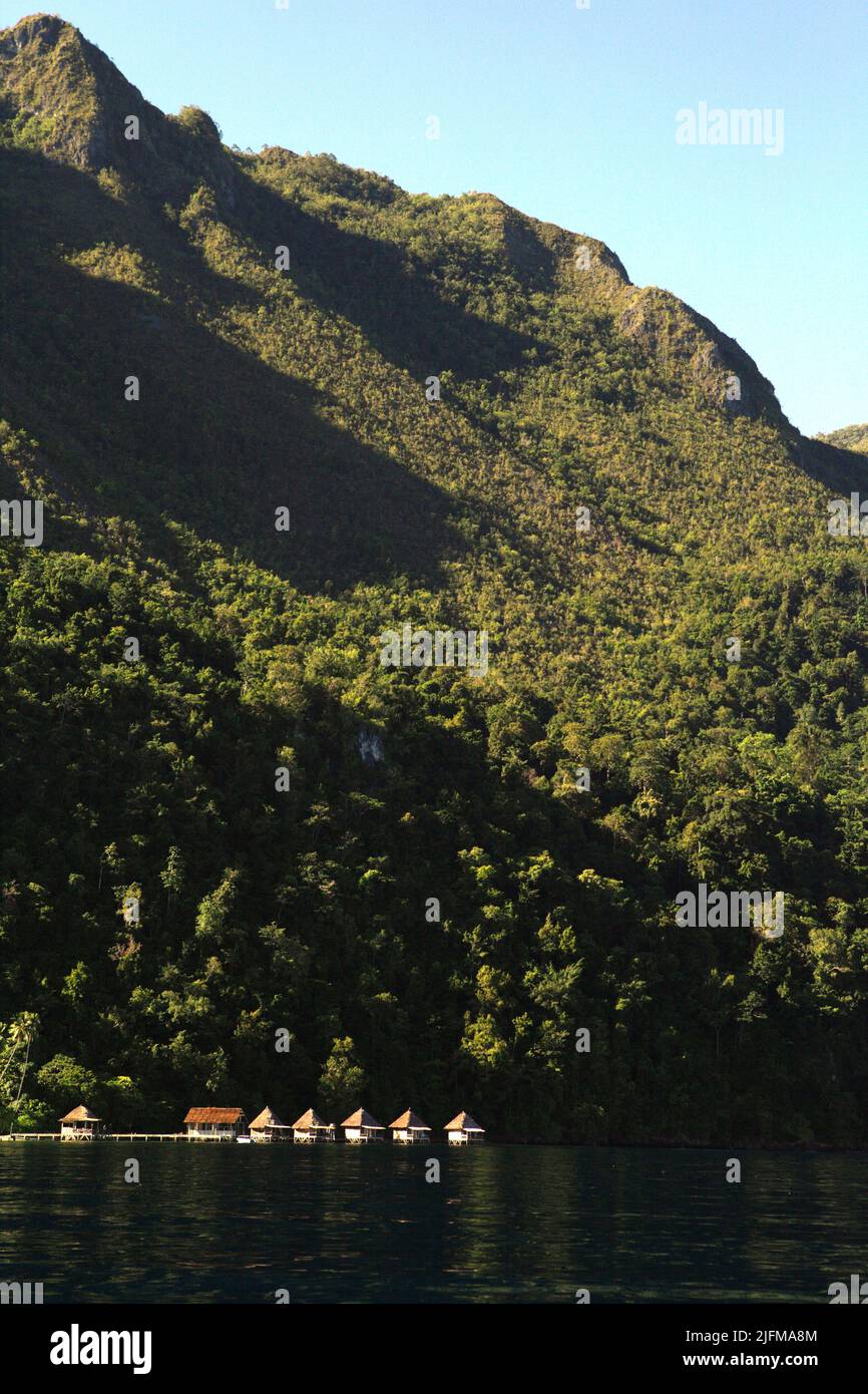 Coastal landscape of Seram Island with wooden cottages above sea water ...