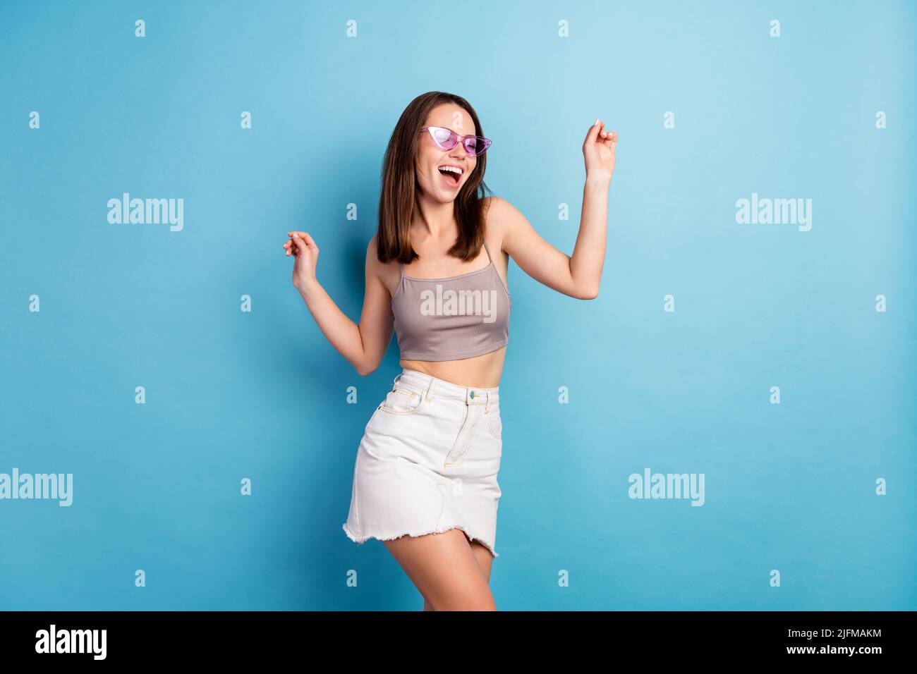 Photo Of Young Girl Happy Positive Smile Have Fun Dance Party Sunglass
