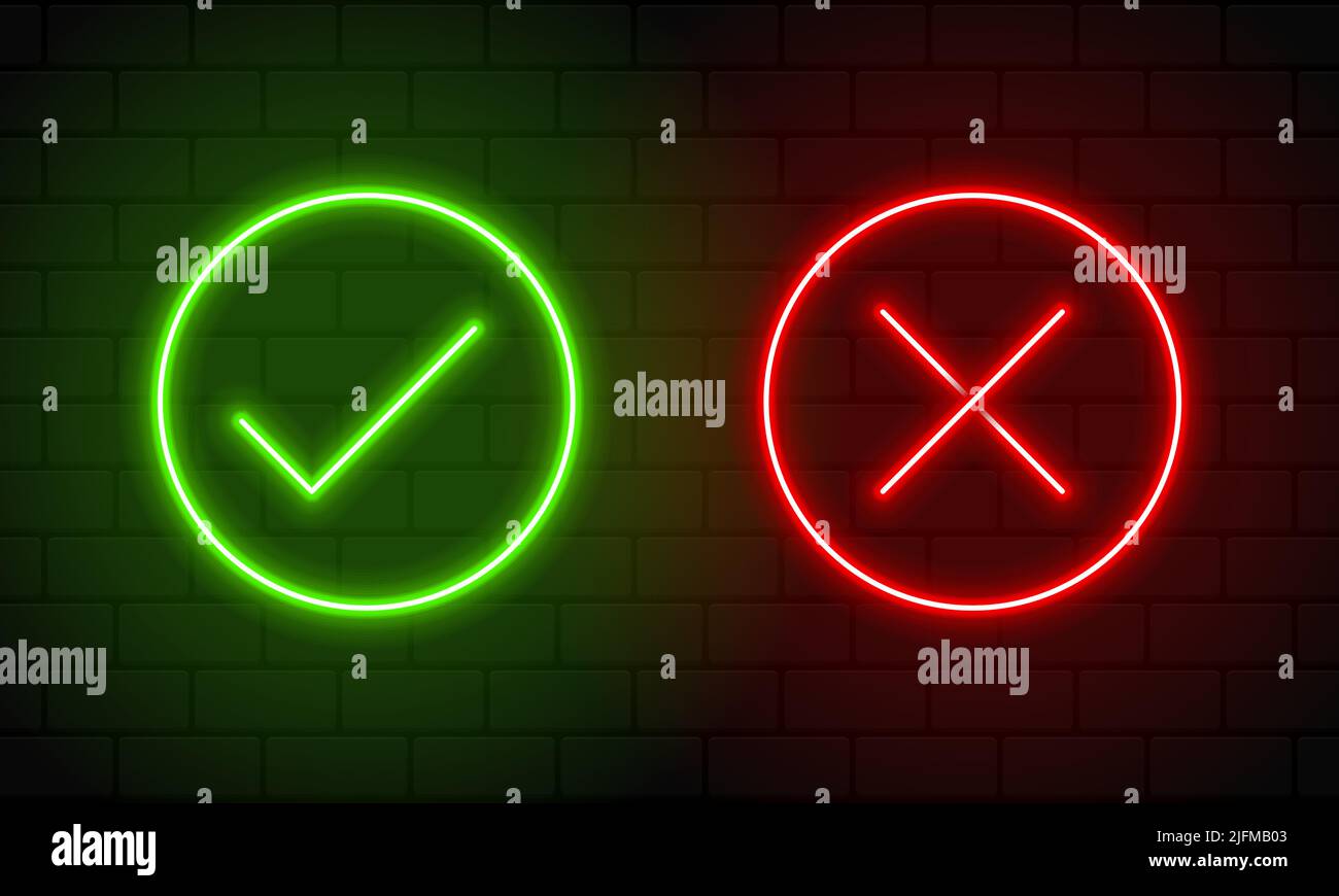 Check mark and cross mark in neon style. Green tick and red cross check ...