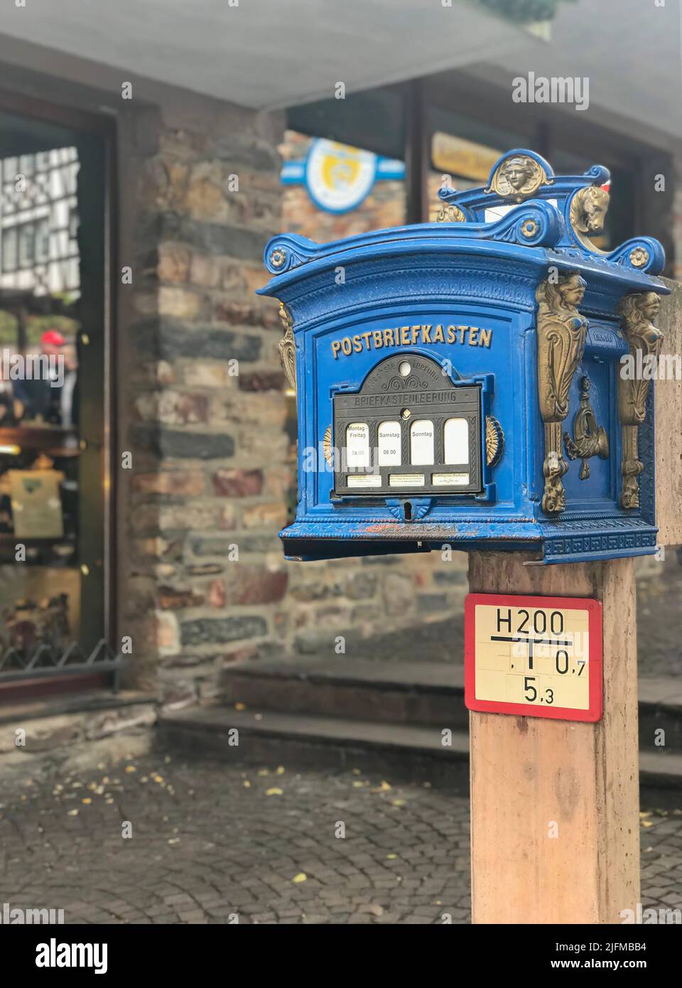 Rüdesheim am Rhein, Germany, September 07 2018: A blue postbox in ...