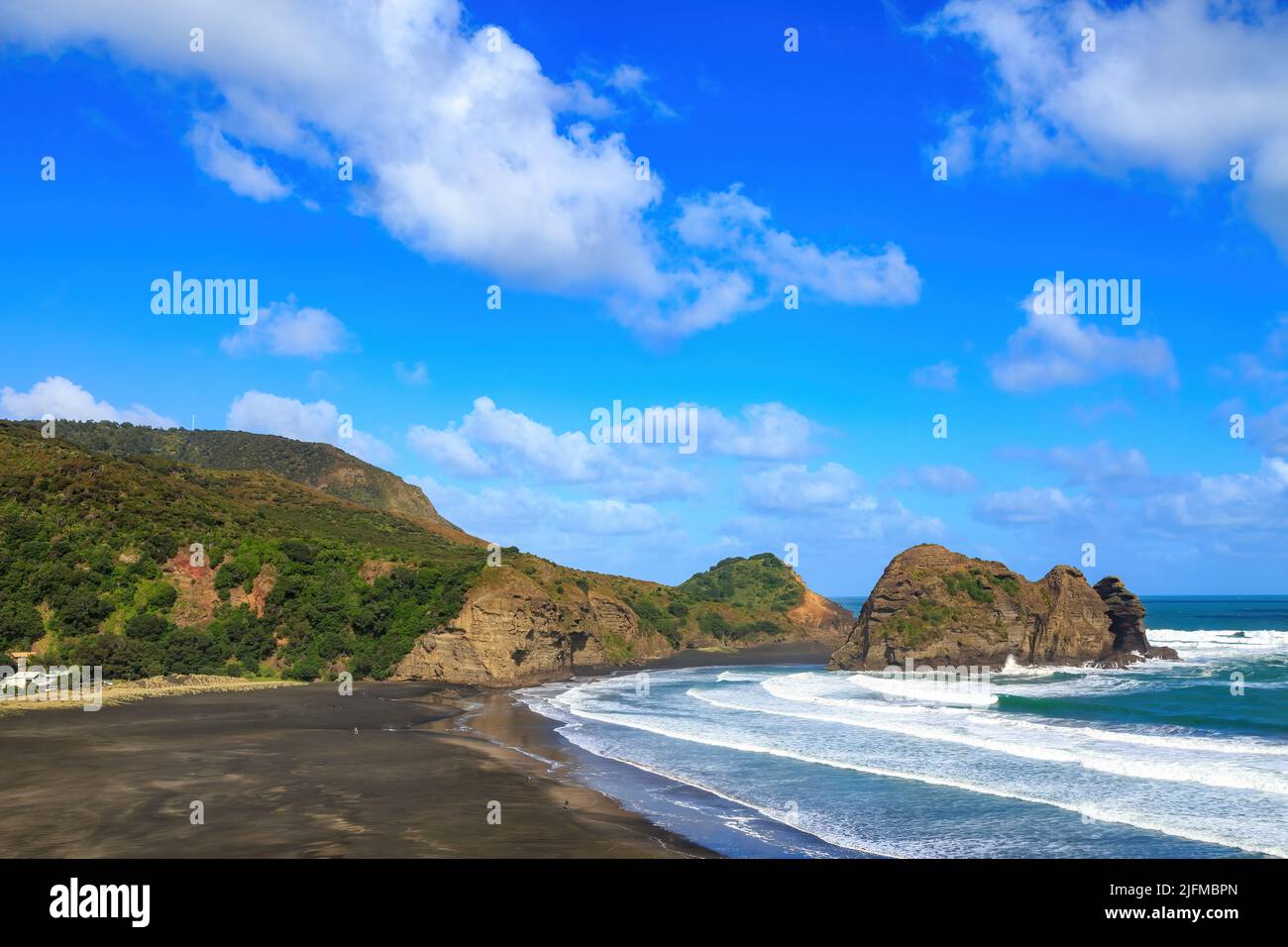 Piha Beach, New Zealand. A view along the beach to Taitomo Island and ...
