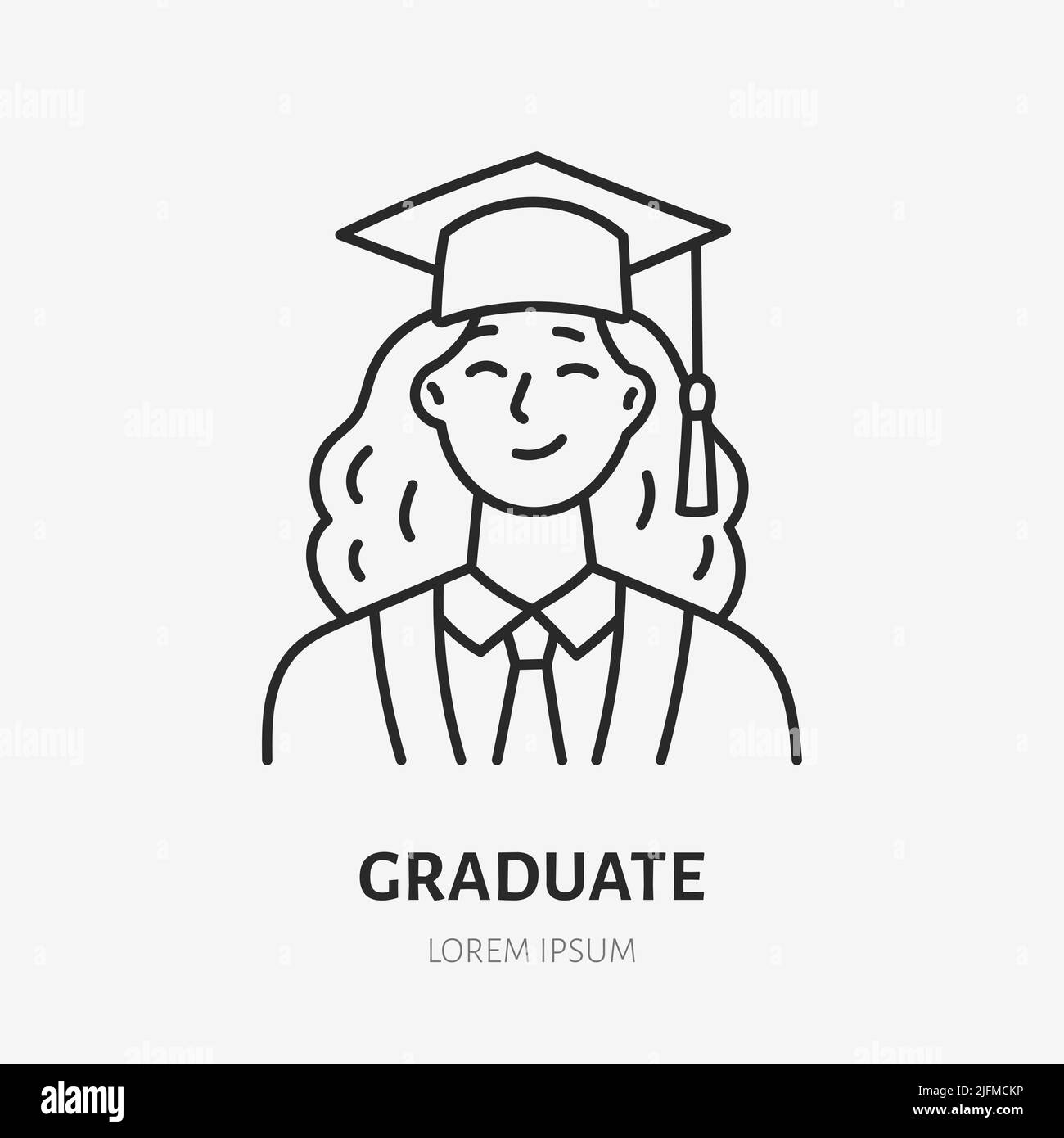 Graduate doodle line icon. Vector thin outline illustration of woman ...