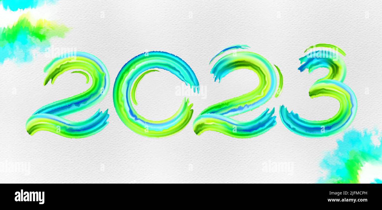 Bright green vector watercolor numbers 2023. Watercolor brush strokes ...