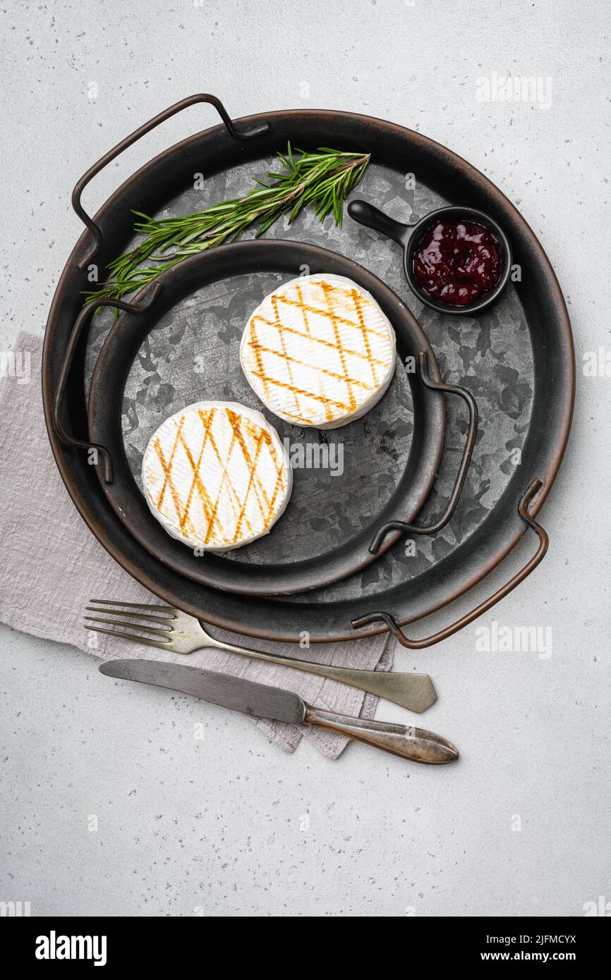 Homemade Baked Camembert cheese on gray stone table background, top ...
