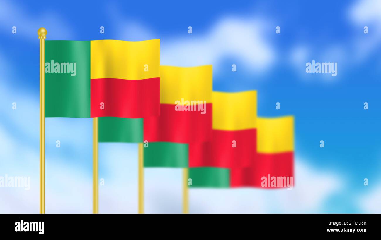 Four national flag of republic of Benin waving in wind focused on first ...