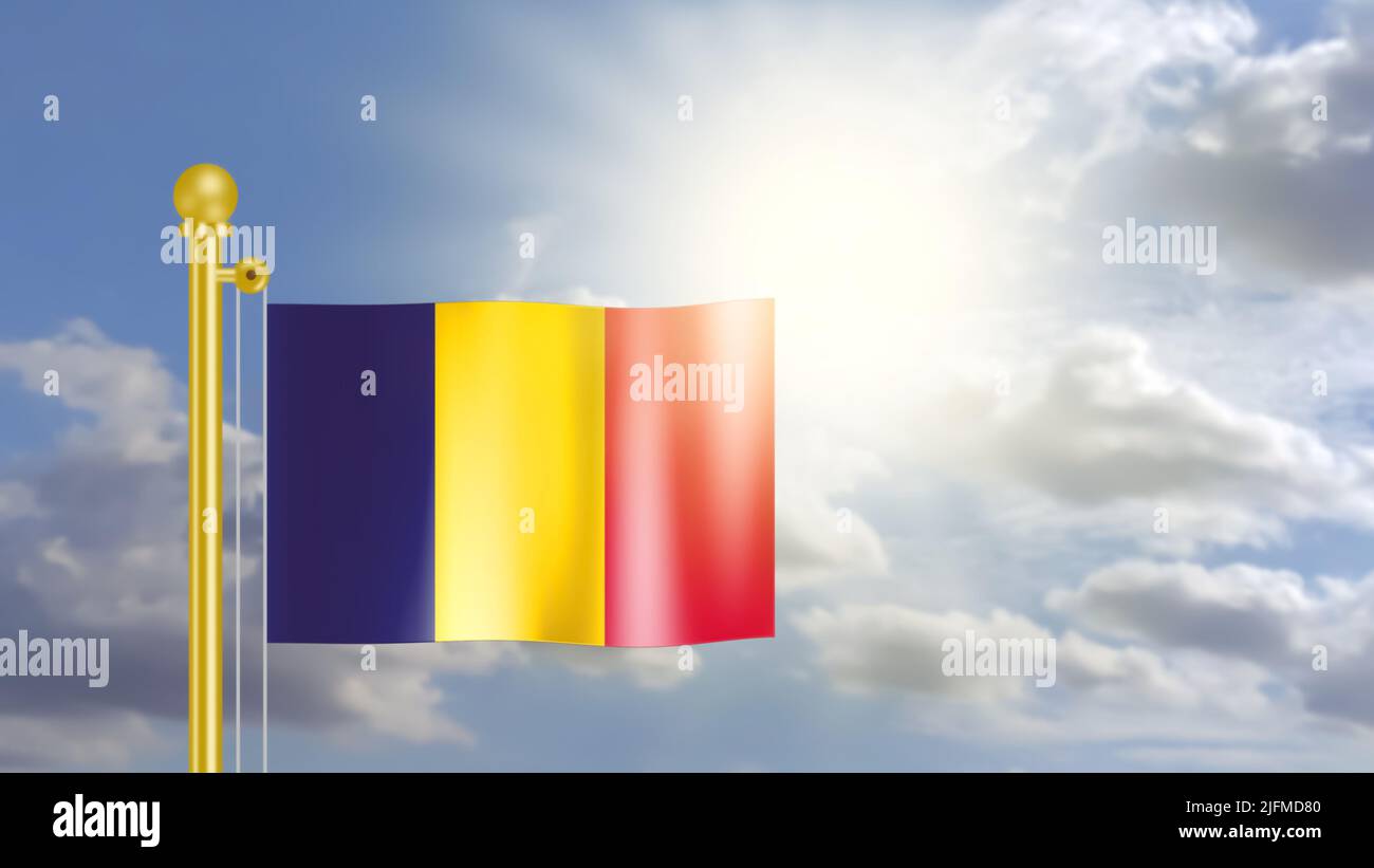 chad flag waving on wind in blue sky and front of bright sun light ...