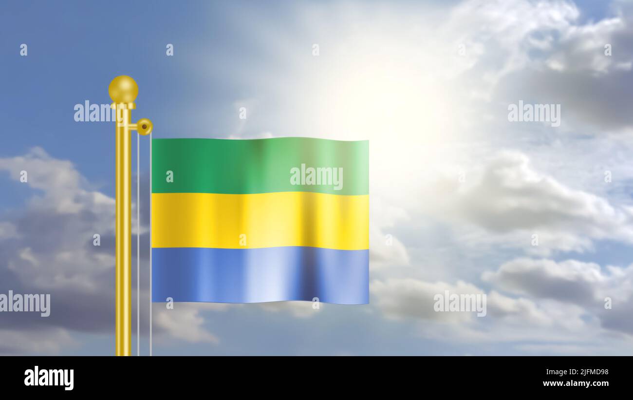 gabonese flag waving on wind in blue sky and front of bright sun light ...