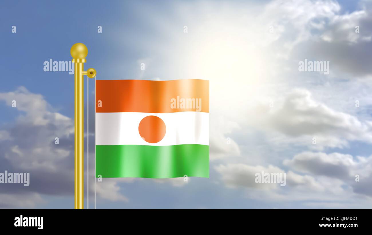 Niger flag waving on wind in blue sky and front of bright sun light ...