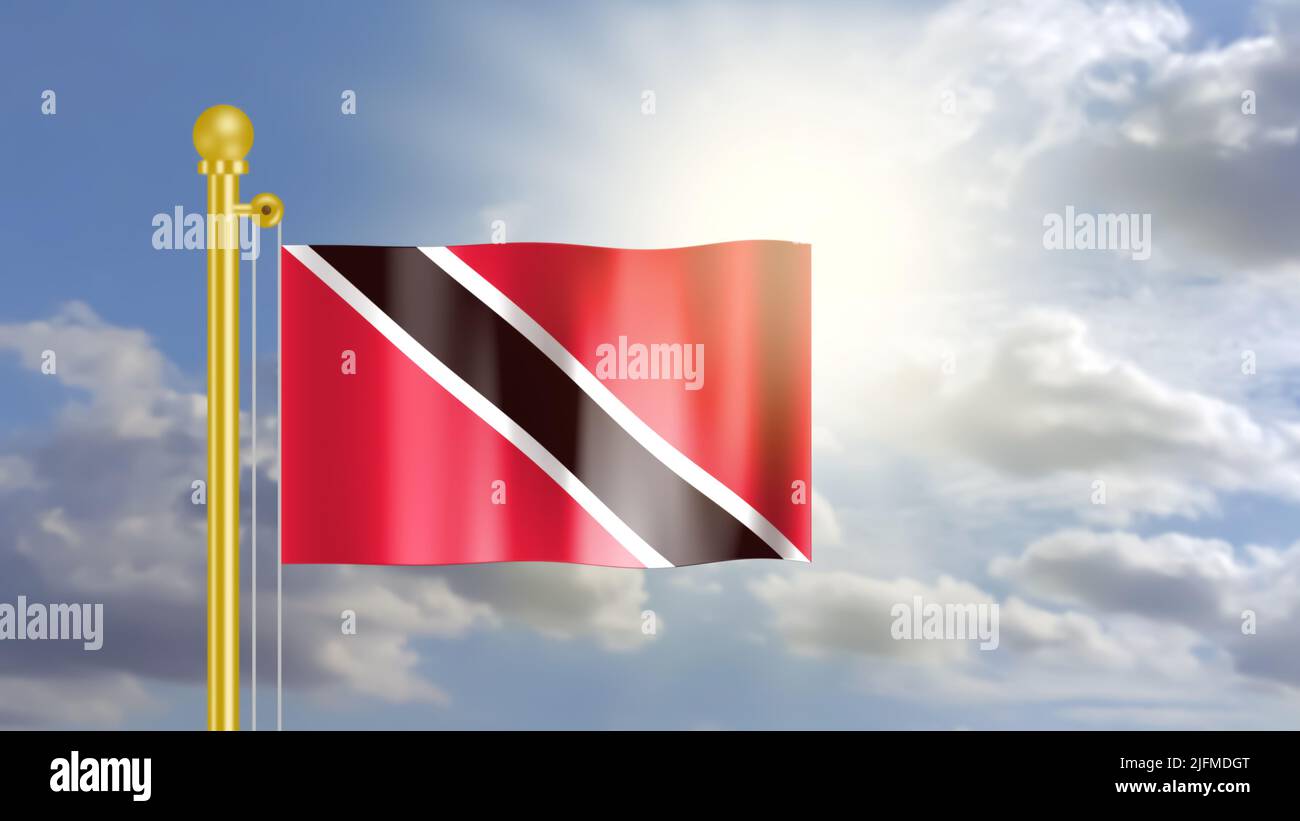 Trinidad and Tobago flag waving on wind in blue sky and front of bright ...