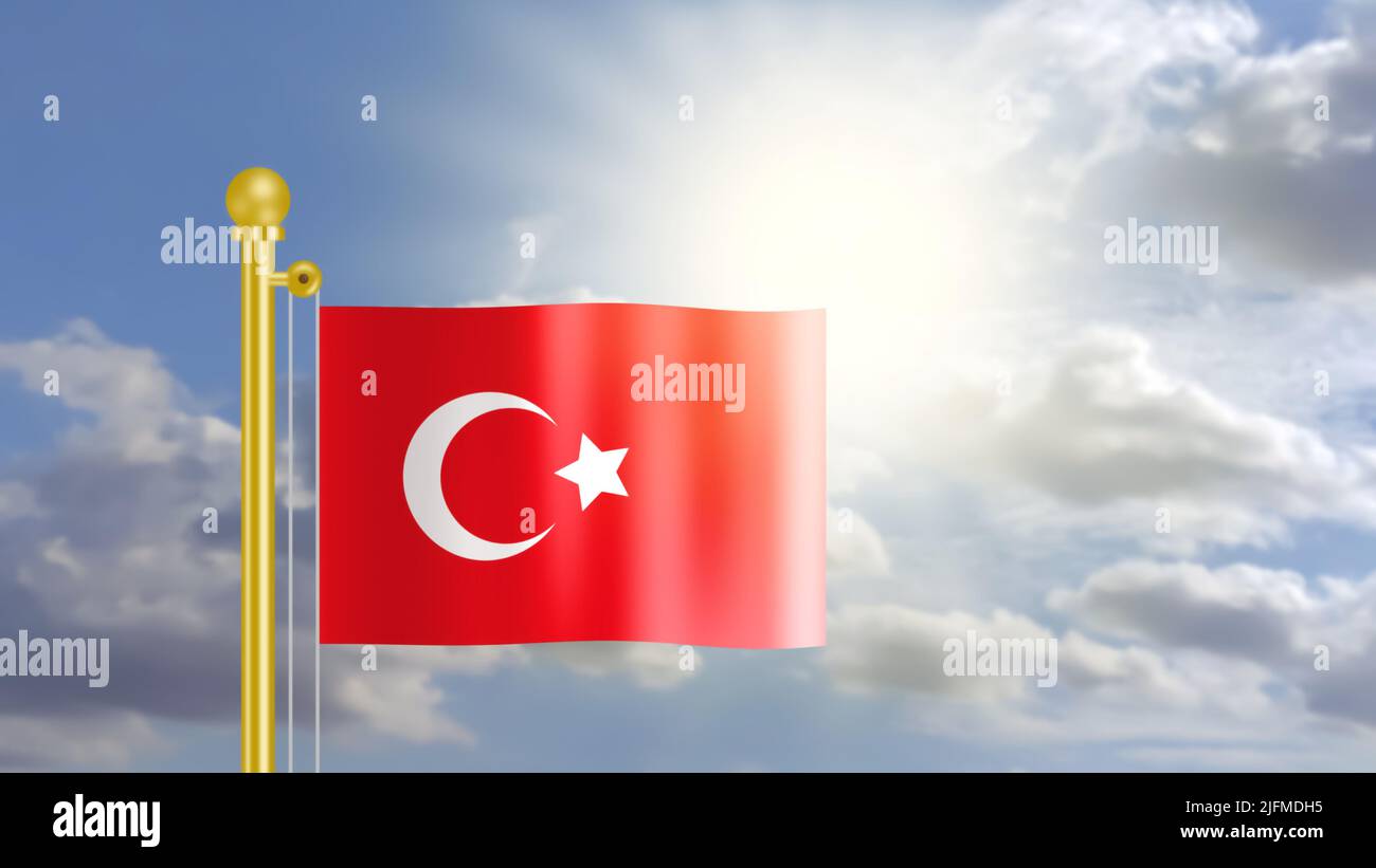turkiye flag waving on wind in blue sky and front of bright sun light ...