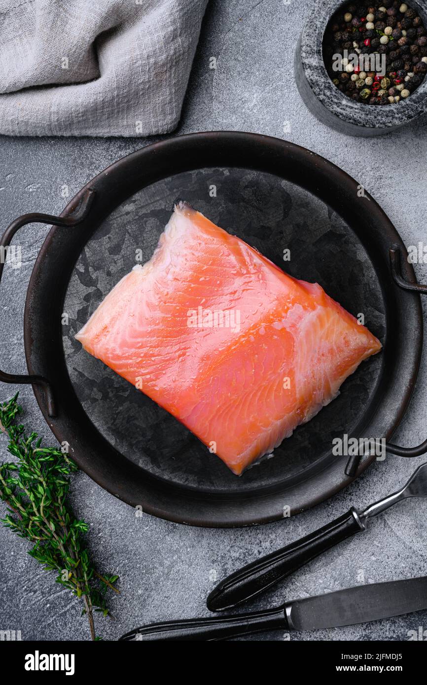 Fresh fish. Salmon fillet set, on gray stone table background, top view ...