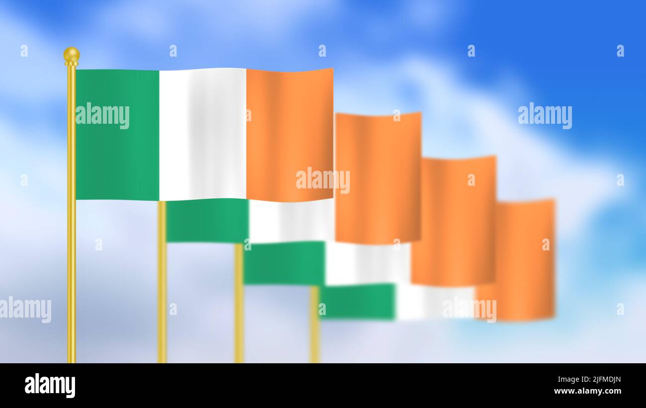Four national flag of Ireland waving in wind focused on first flag and ...