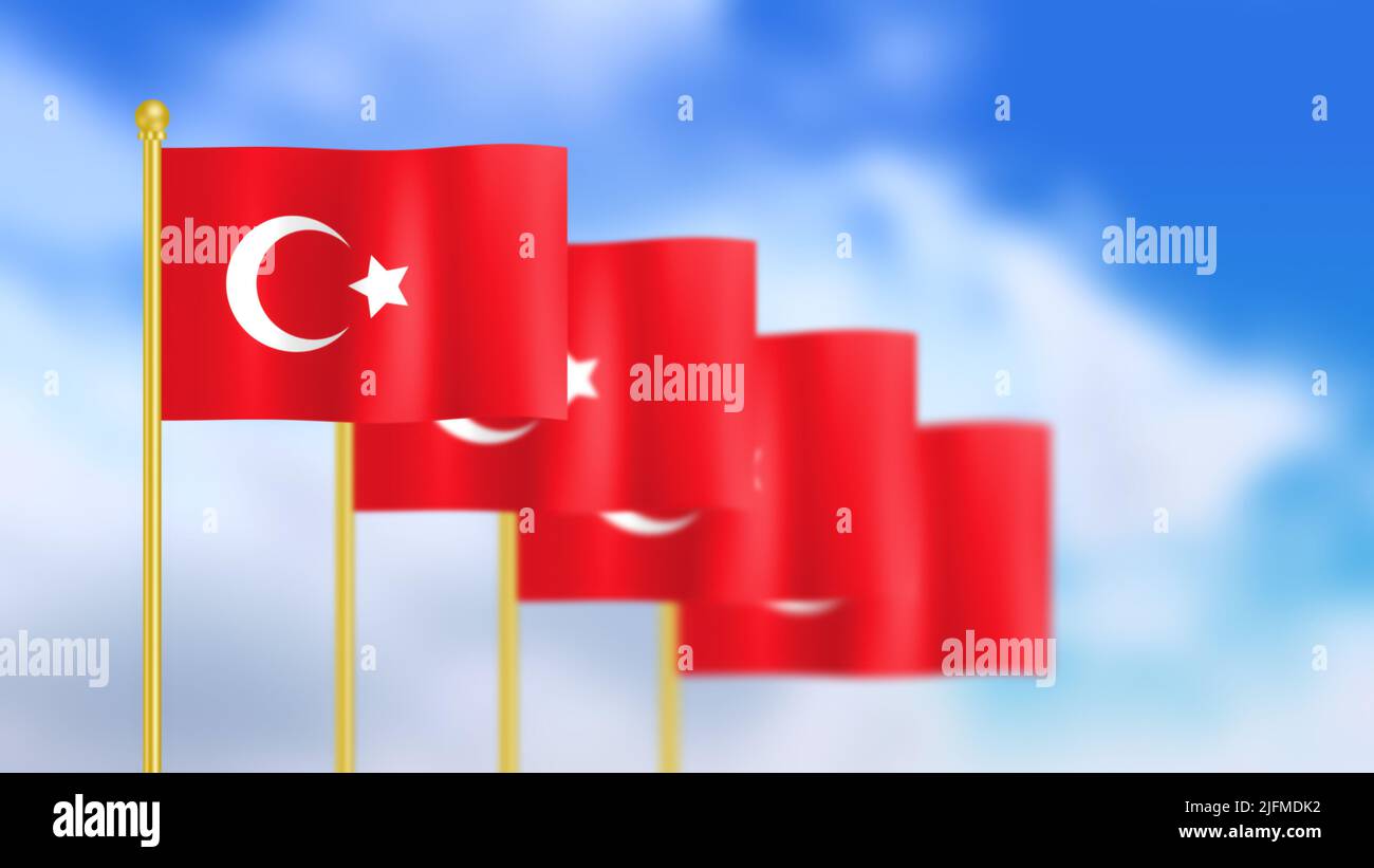 Four national flag of turkiye waving in wind focused on first flag and ...