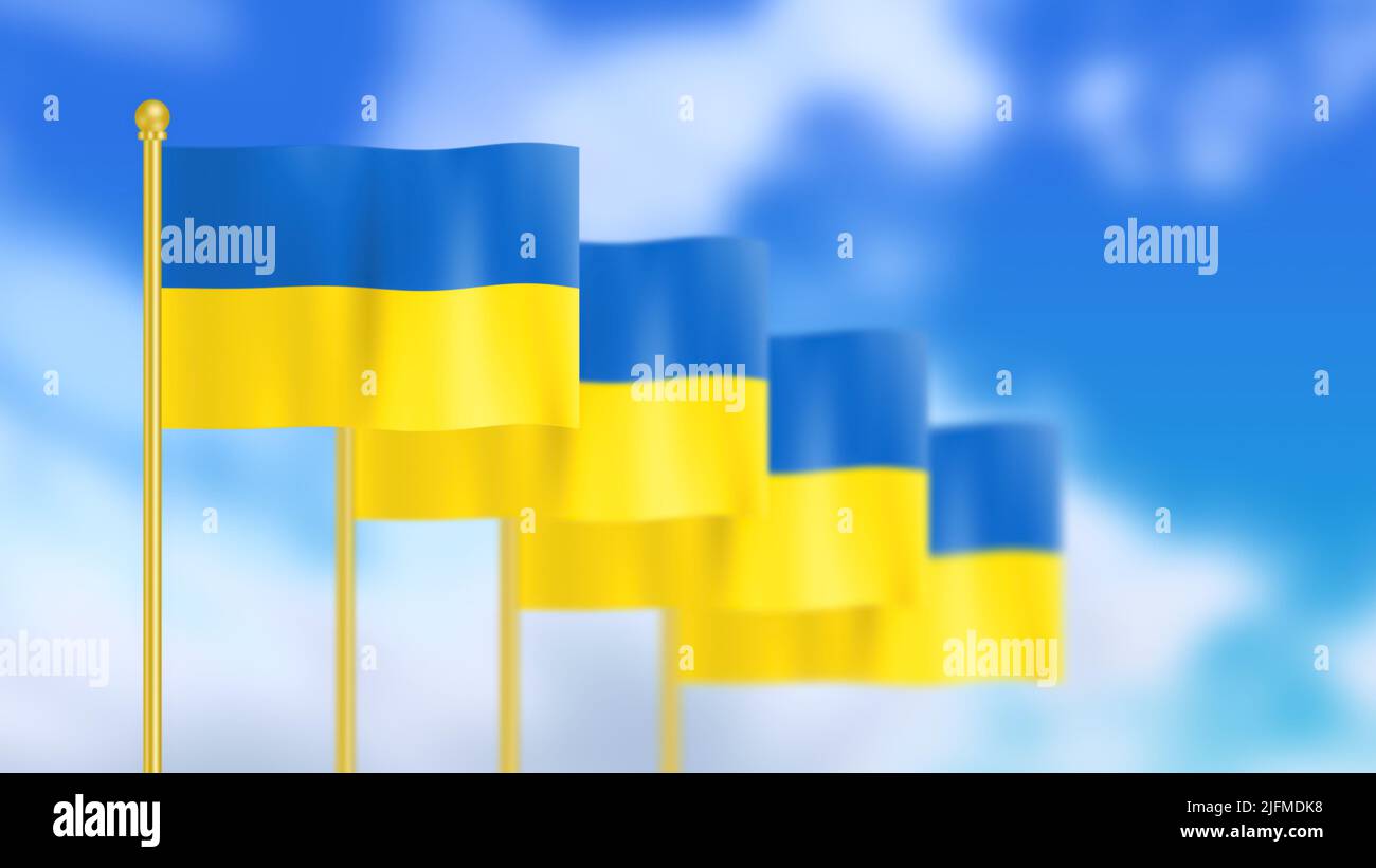 Four national flag of Ukraine waving in wind focused on first flag and ...