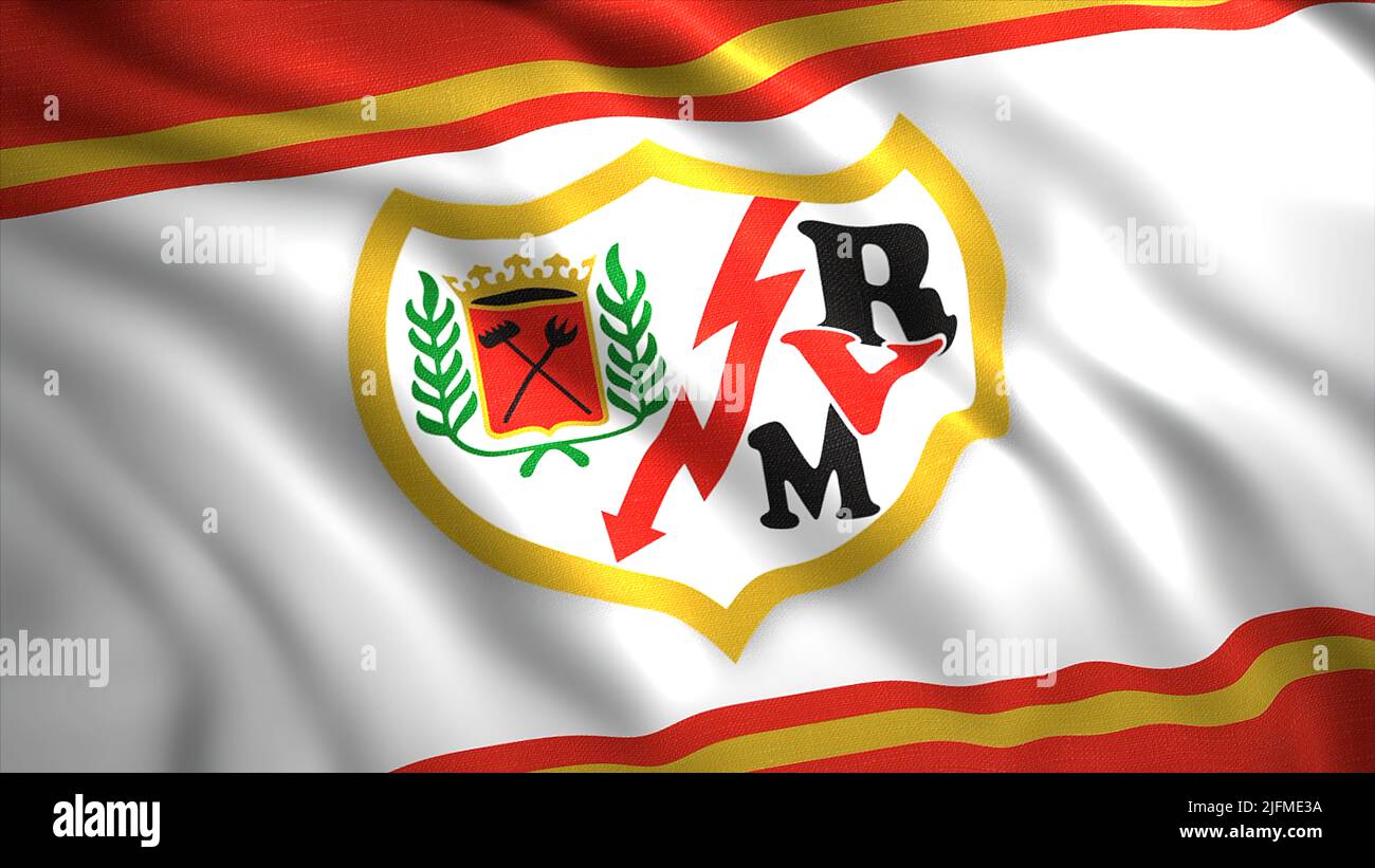 Rayo Vallecano Soccer Club logotype on a rippling silky flag fabric ...