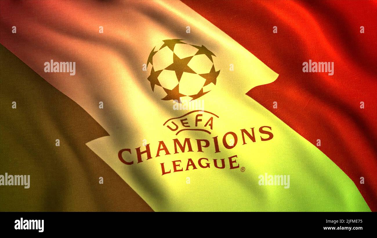 Close up of the emblem of UEFA champions league with a ball of small ...