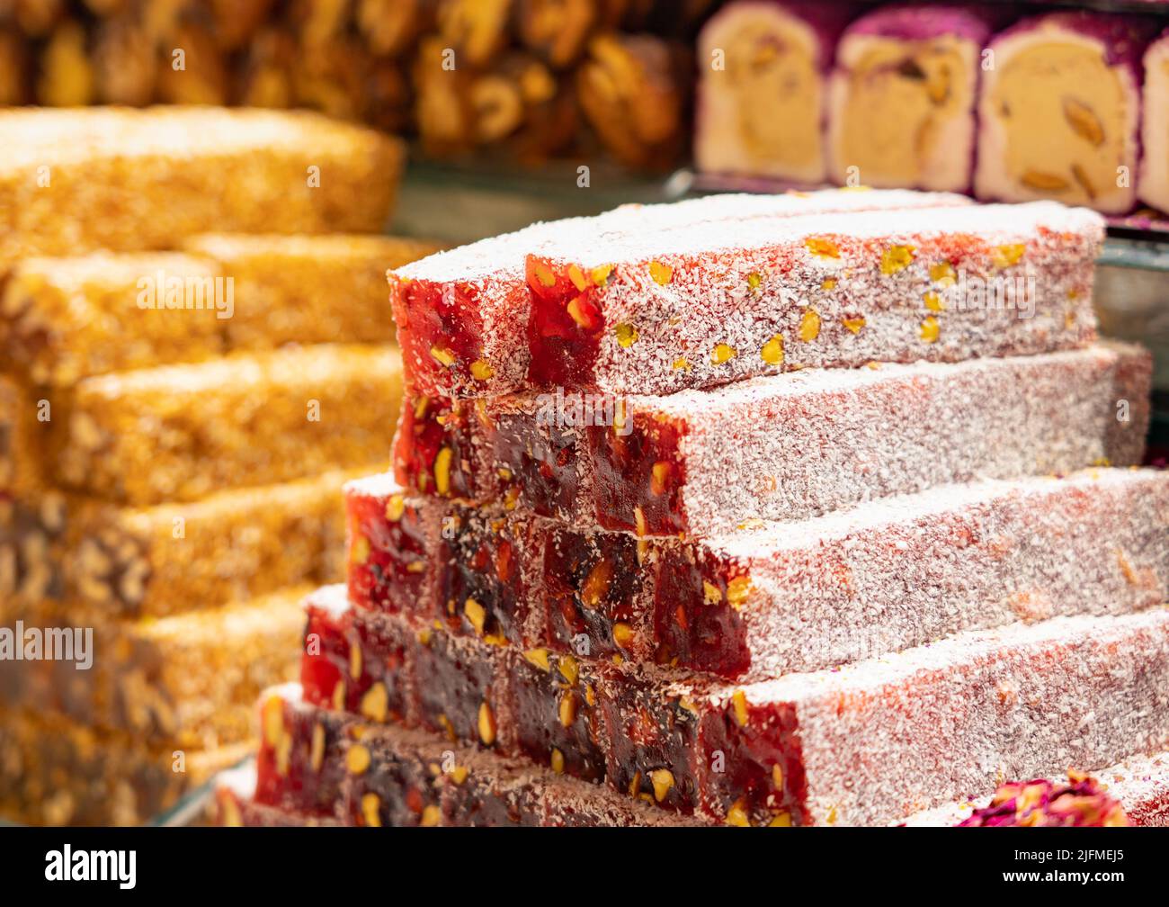Sweet nut Turkish Delight lines close up Stock Photo - Alamy