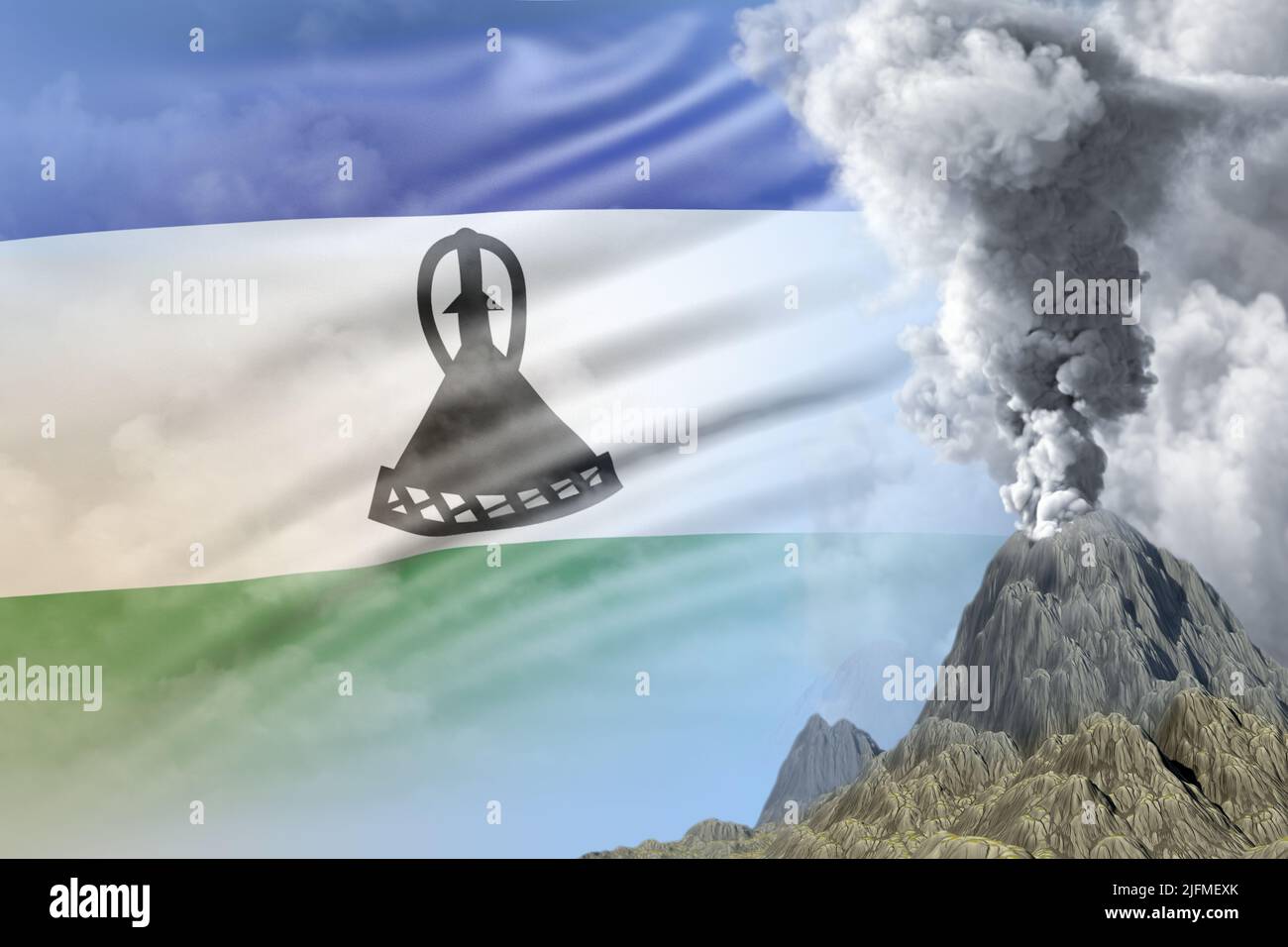 volcano eruption at day time with white smoke on Lesotho flag ...