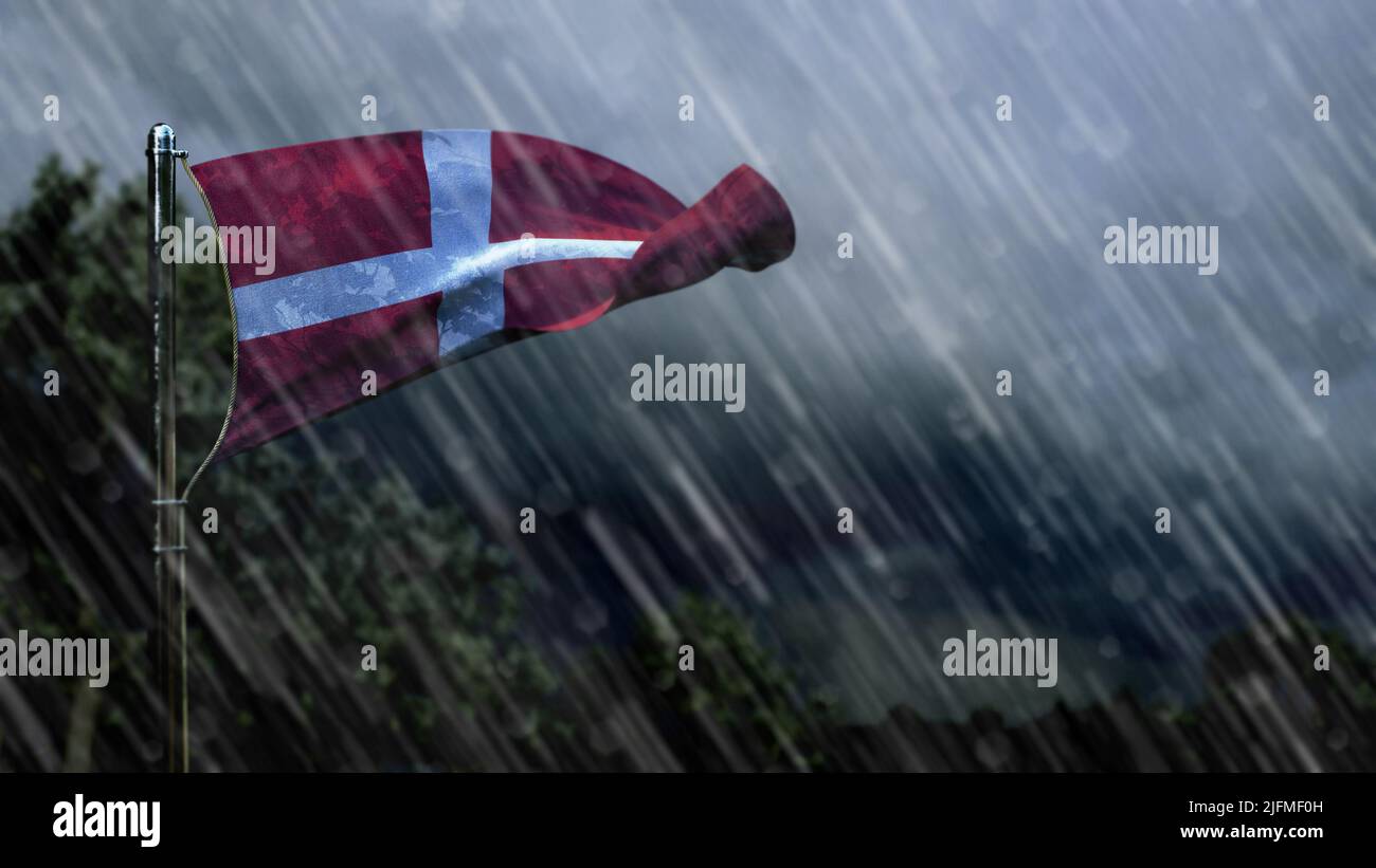 flag of Denmark with rain and dark clouds, terrible weather symbol ...