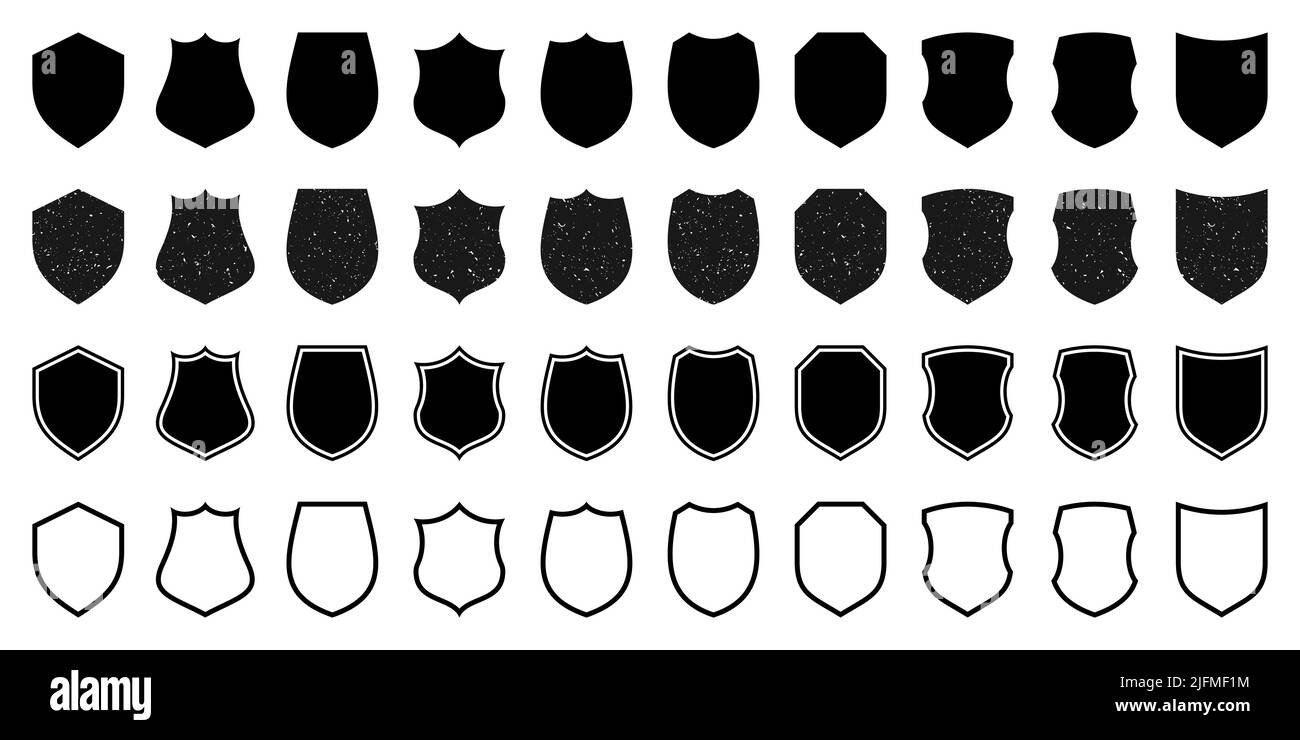 Set of various vintage outlined shield icons. Black heraldic shields ...
