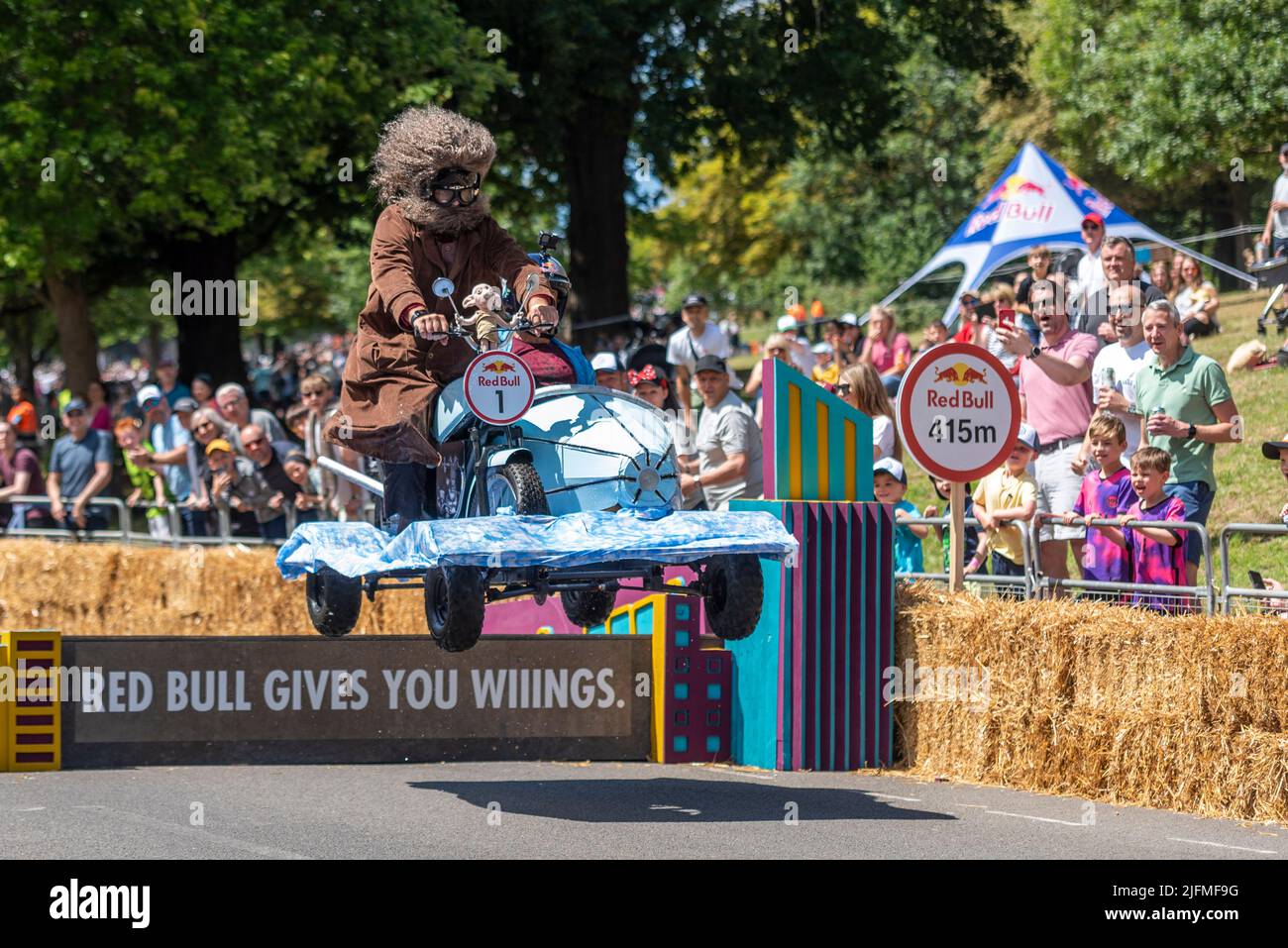 Team Hagrid Flyers kart taking the final jump at the Red Bull Soapbox ...