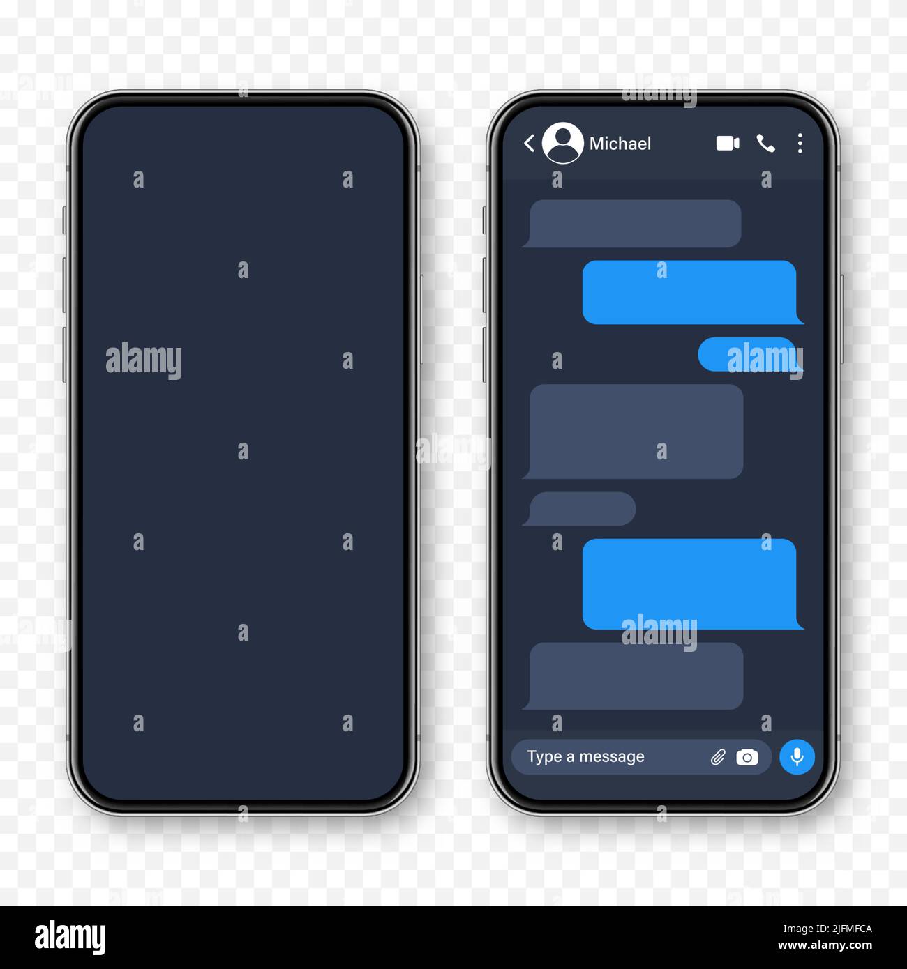 Realistic smartphone with messaging app. Blank SMS text frame ...
