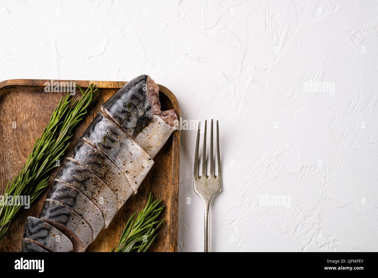 Fresh fish mackerel, on white stone table background, top view flat lay ...