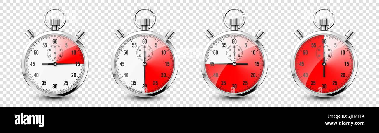 Realistic classic stopwatch icons. Shiny metal chronometer, time ...