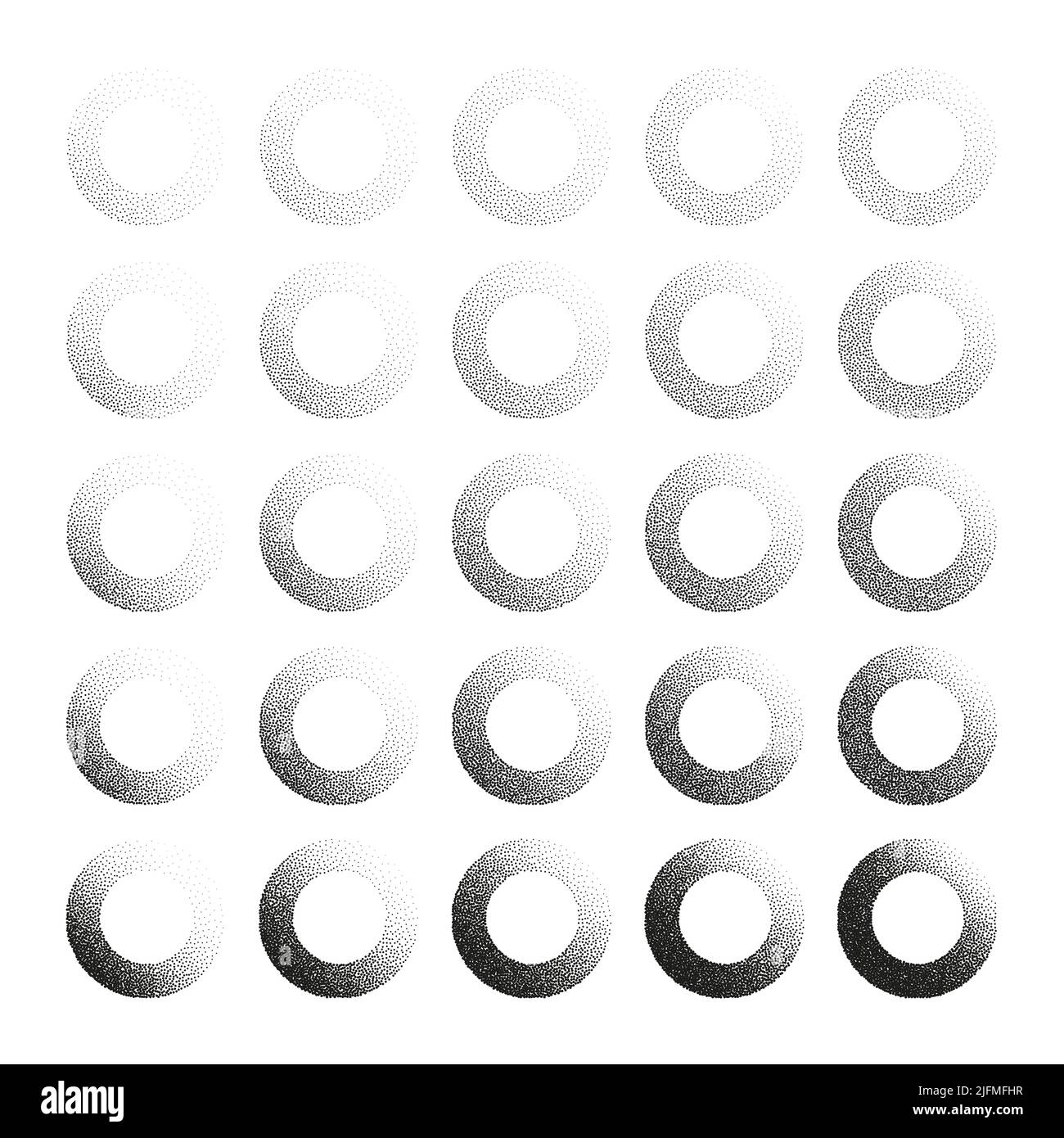 Round shaped dotted objects, stipple elements. Fading gradient ...
