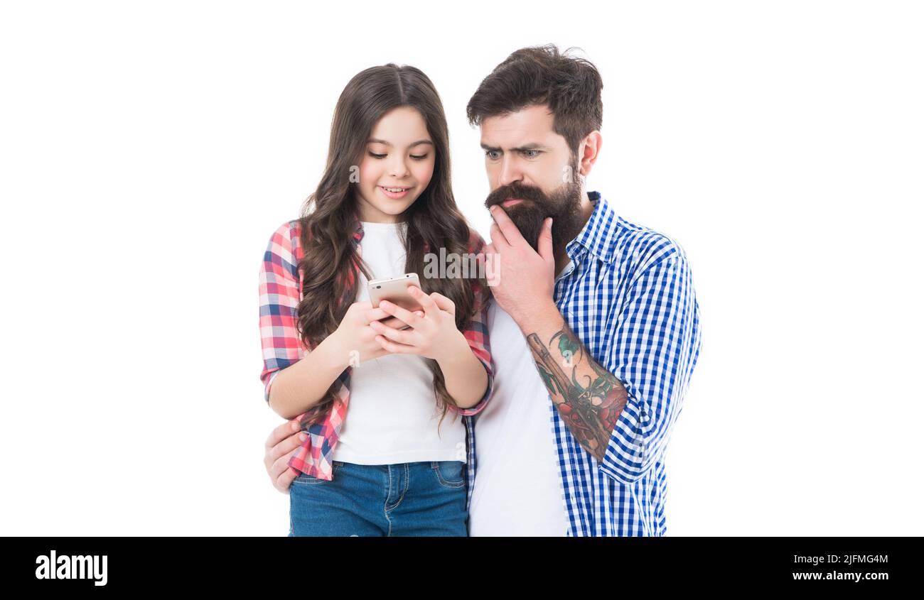 Family of bearded man and girl child text message on mobile phone, sms ...