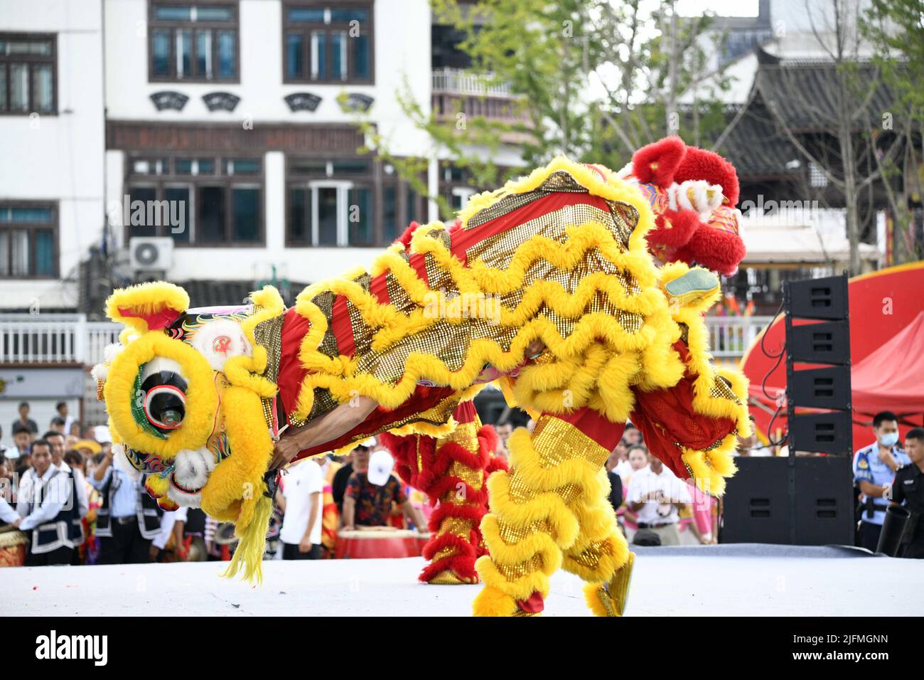 QIANXINAN, CHINA - JULY 4, 2022 - People perform a lion dance at ...