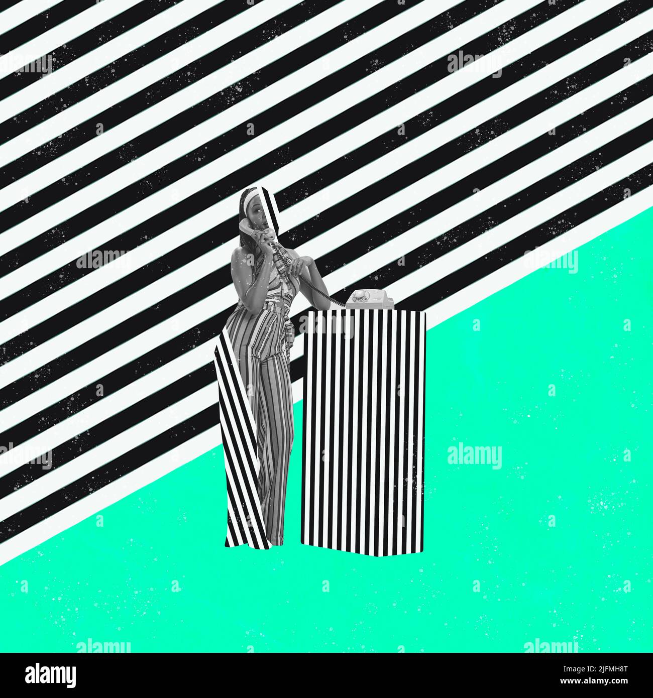 Talks, gossips. Happy retro style woman talking on phone on abstract ...