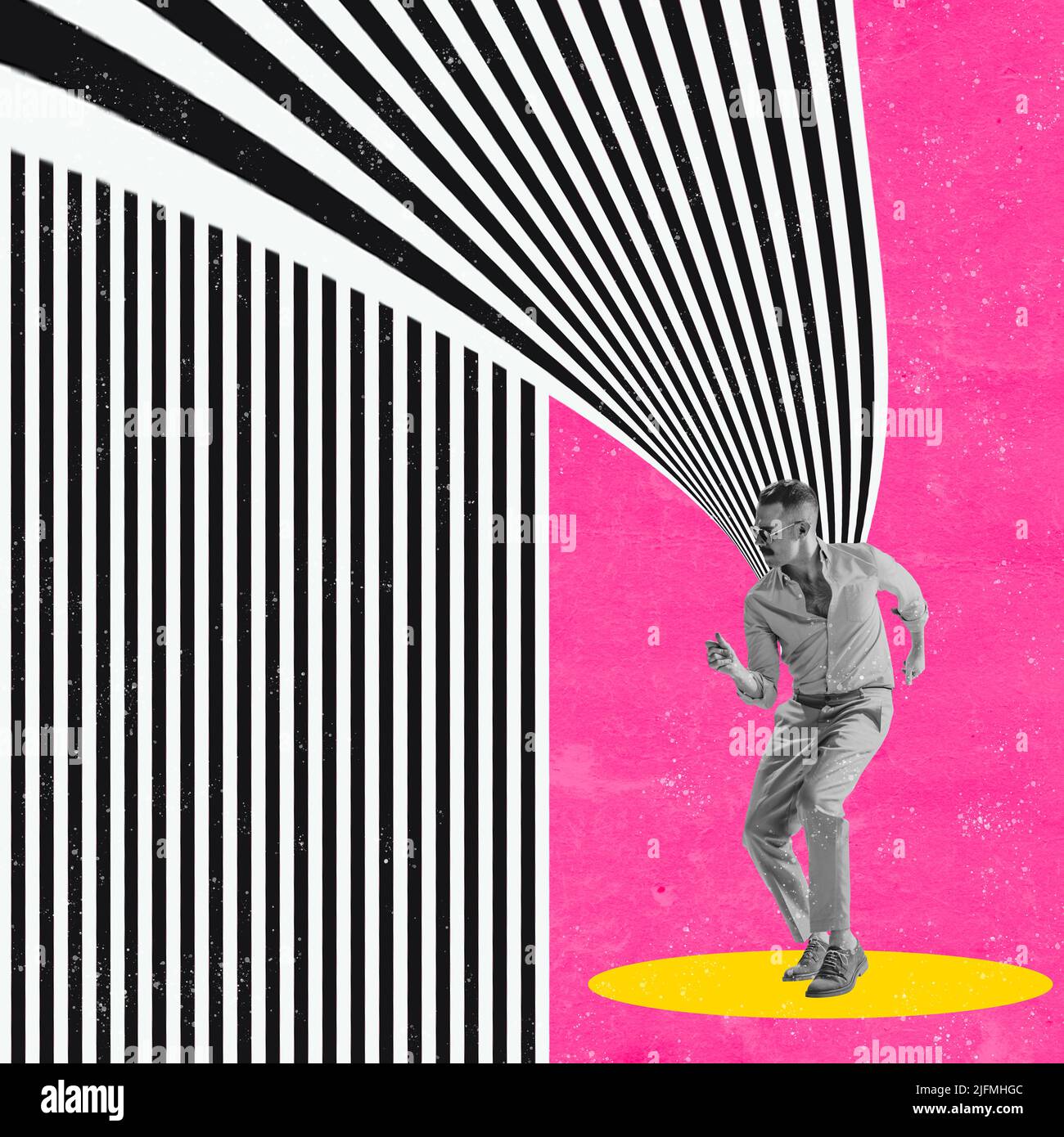 Contemporary art collage. Dancing man with optical illusion design as ...