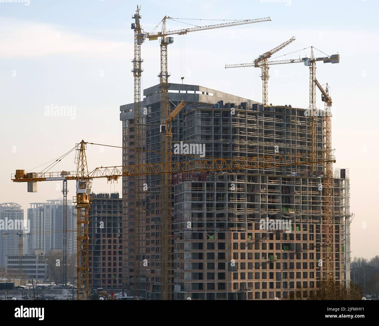 Kiev, Ukraine January 19, 2021: Tower construction cranes on the ...