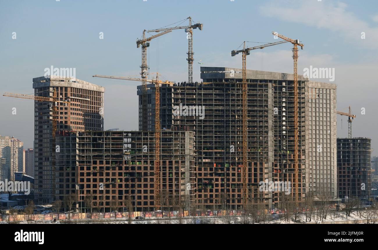 Kiev, Ukraine January 19, 2021: Tower construction cranes on the ...