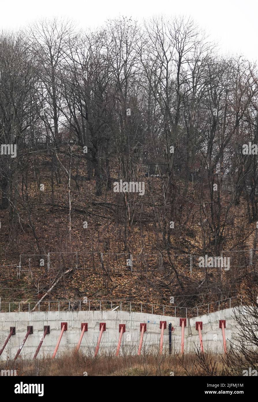 Kiev, Ukraine December 10, 2020: Concrete wall with props to protect ...