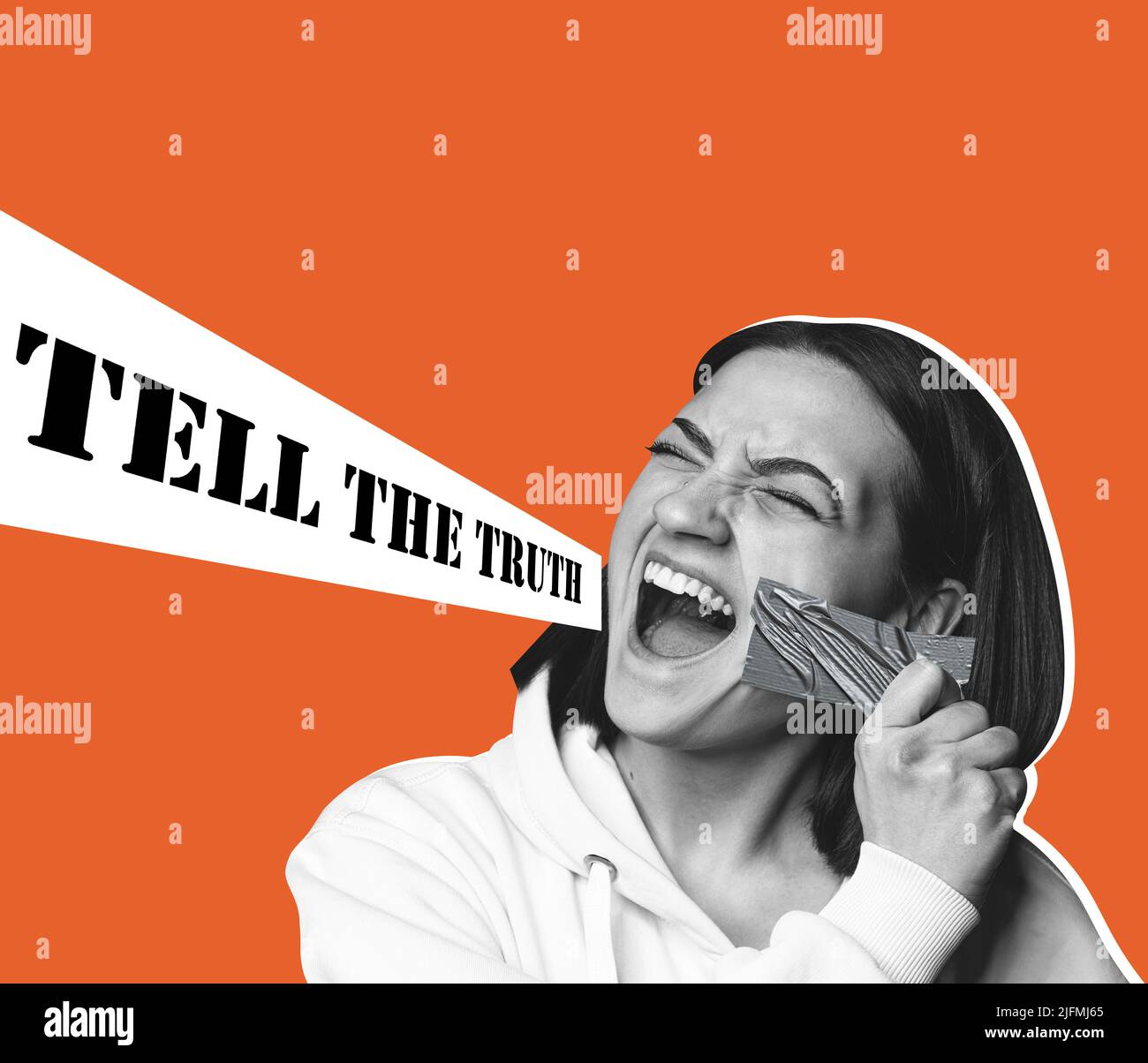 Woman with mouth sealed in adhesive tape. Free of speech, freedom of ...