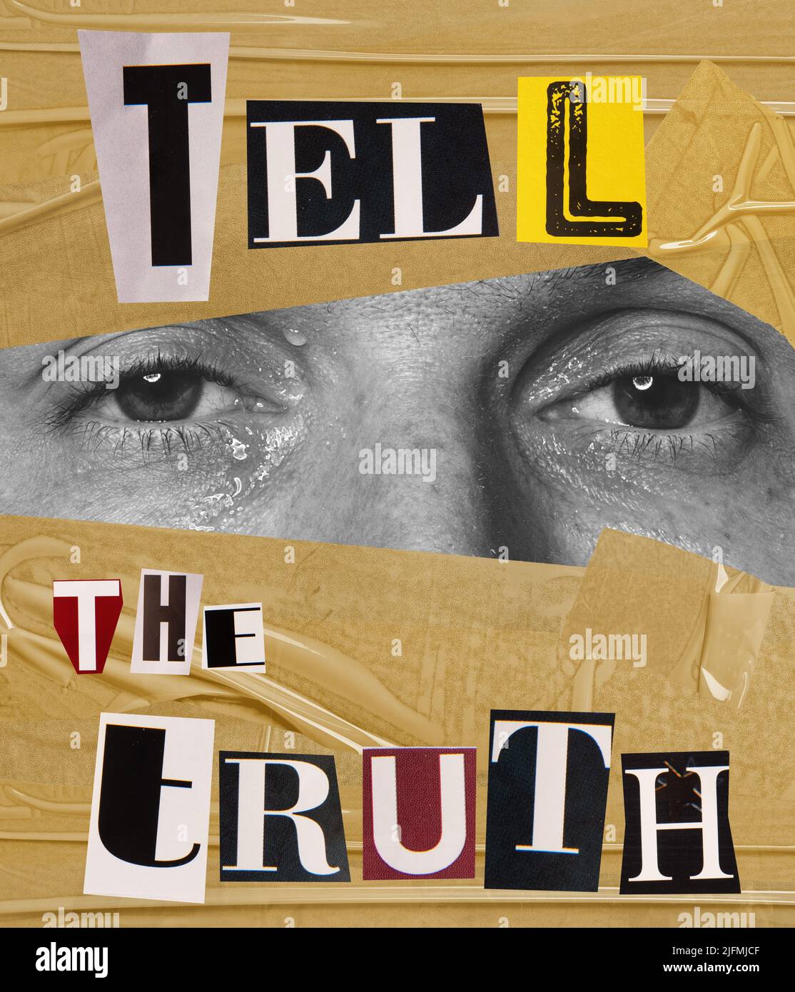 Sad male eyes over brown background with magazine style lettering. Free ...