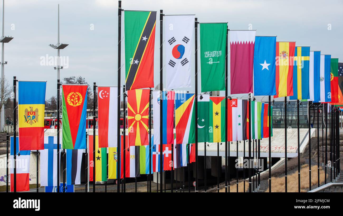 International Community, Flags Of Many Nations Lined Up Stock Photo - Alamy