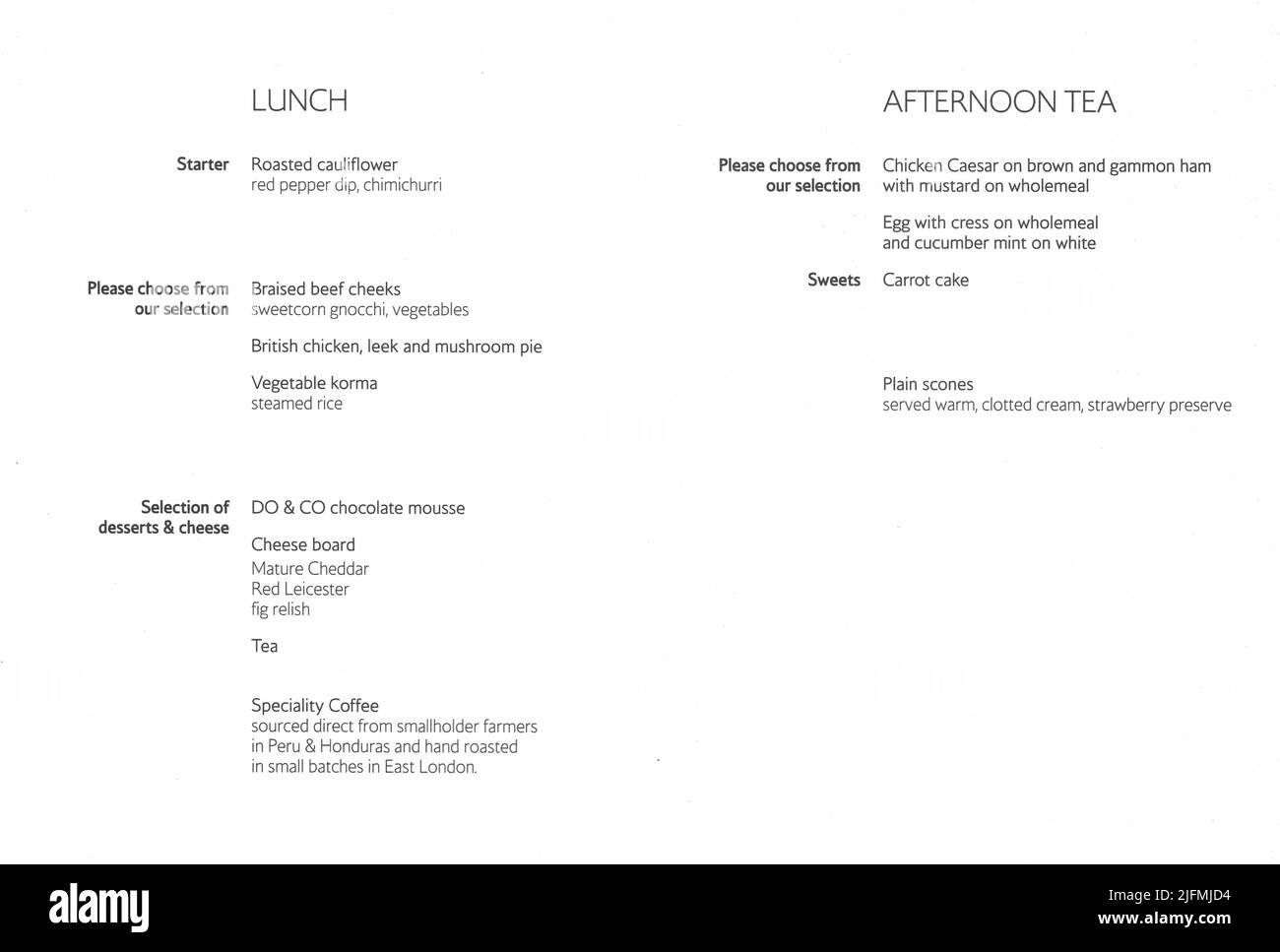 An Airline business class flight menu Stock Photo - Alamy