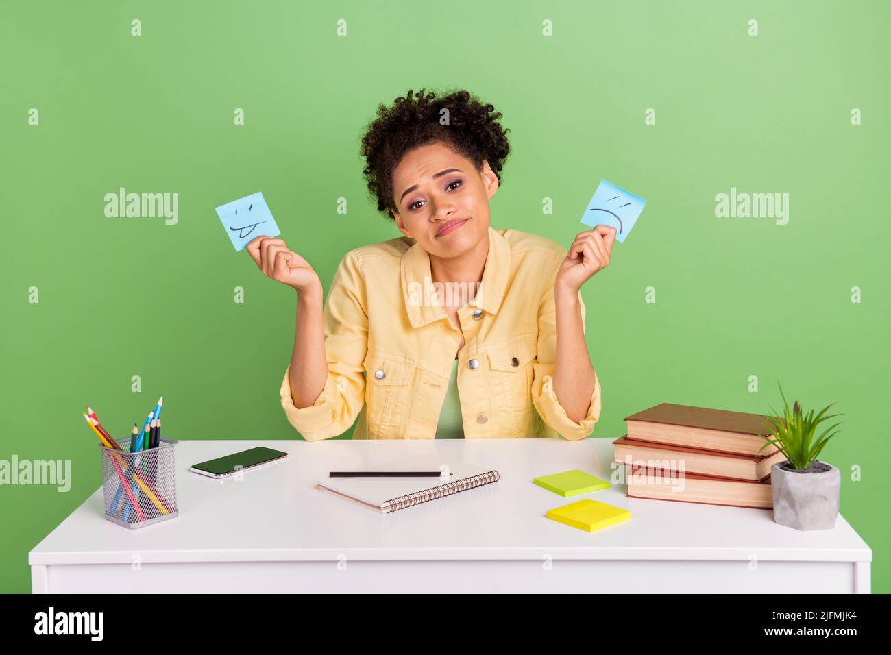 Photo of sad young brunette lady sit work wear yellow shirt isolated on ...