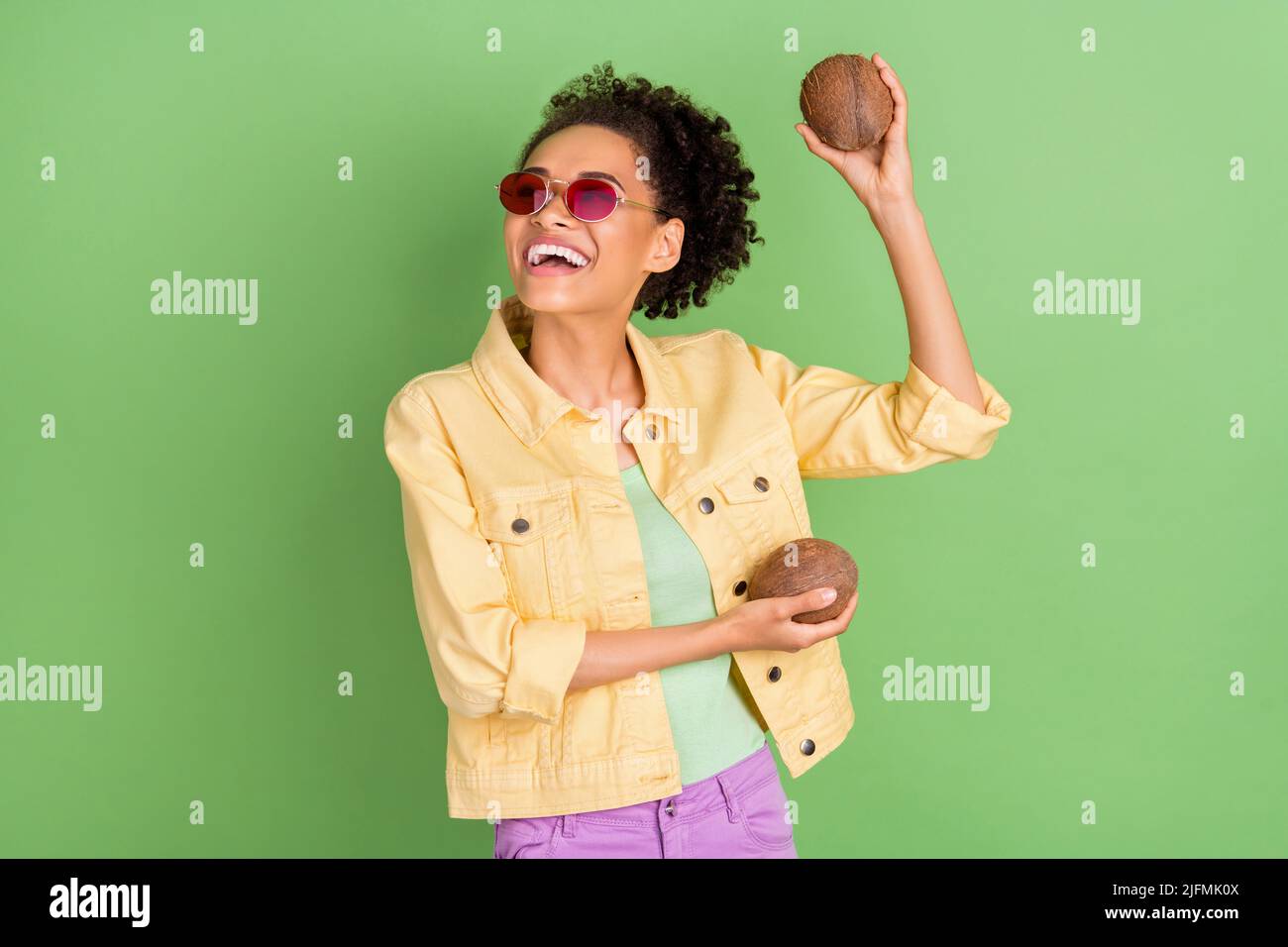 Photo of cool millennial brunette lady dance wear eyewear yellow shirt ...