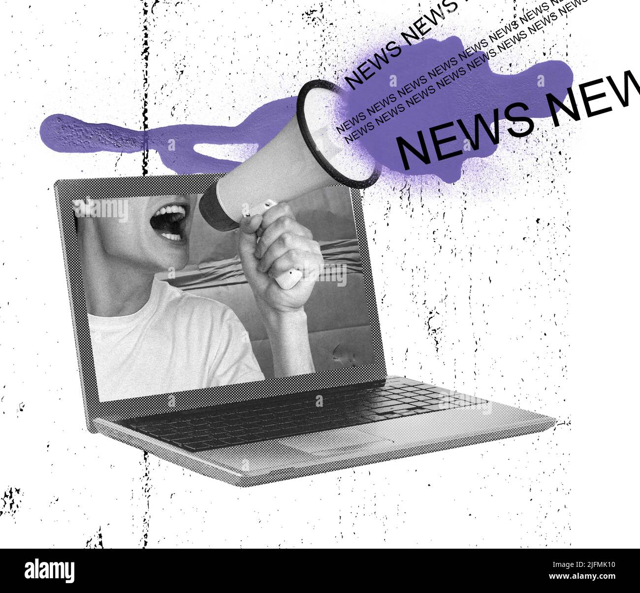 Contemporary art collage. Female hand holding megaphone with news ...