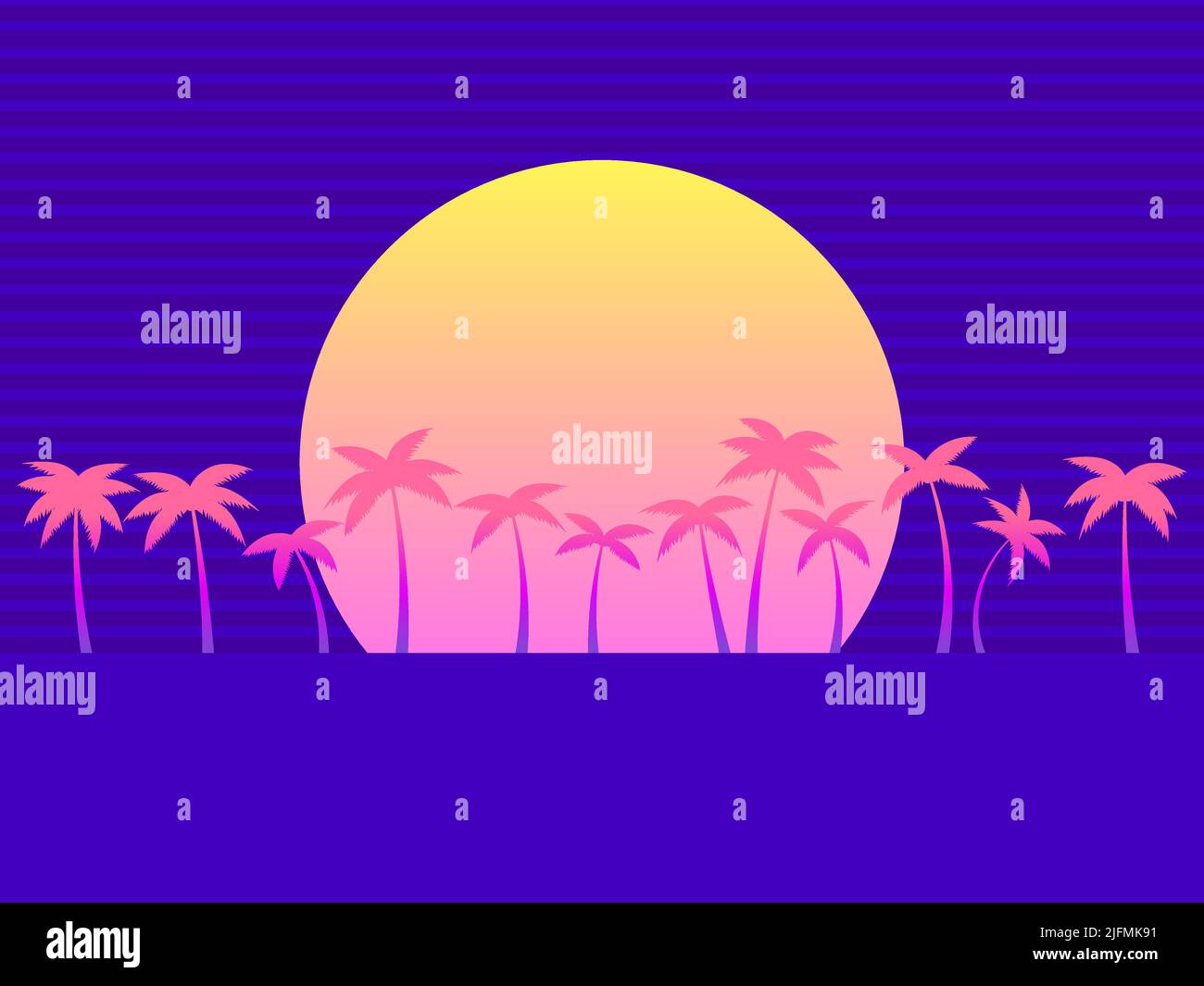 Tropical sunset with palms and gradient sun in 80s style. Design for ...