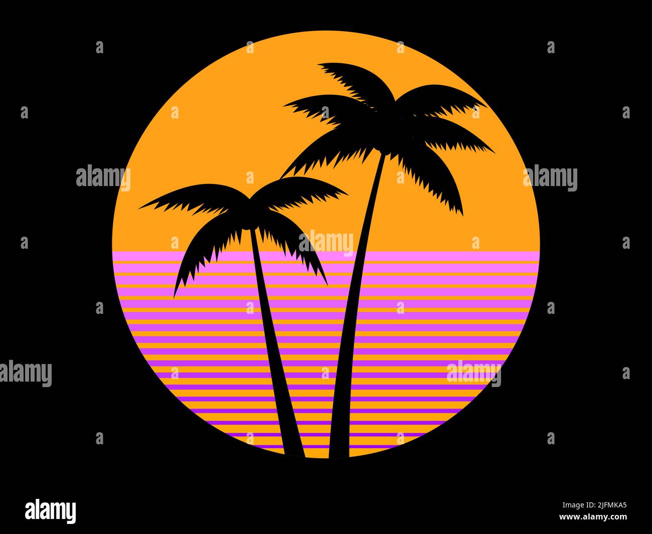 80s sunset with palm trees. Silhouette of palm trees on retro sunset ...