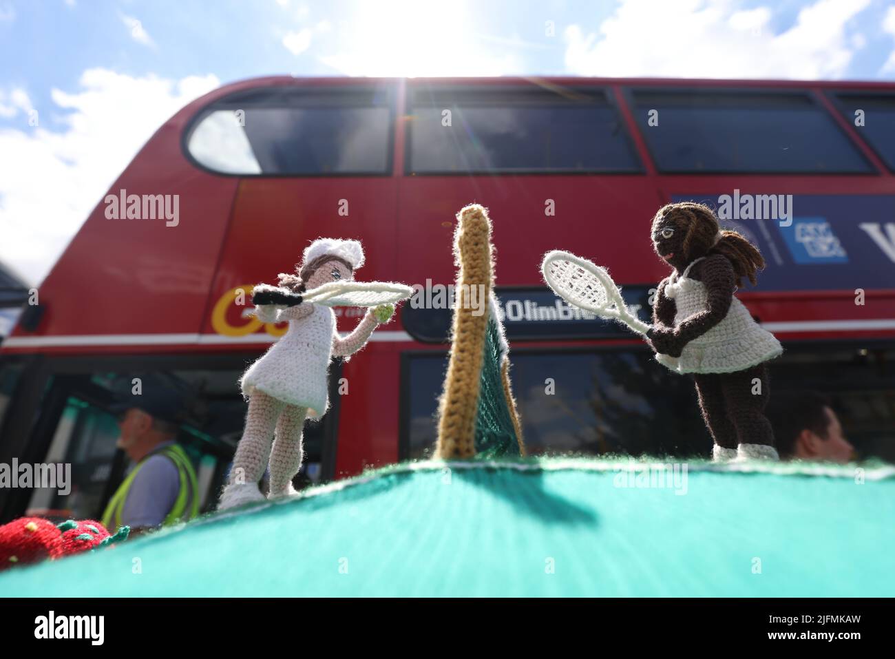 A Wimbledon themed post box topper on a post box in Wimbledon, on day ...