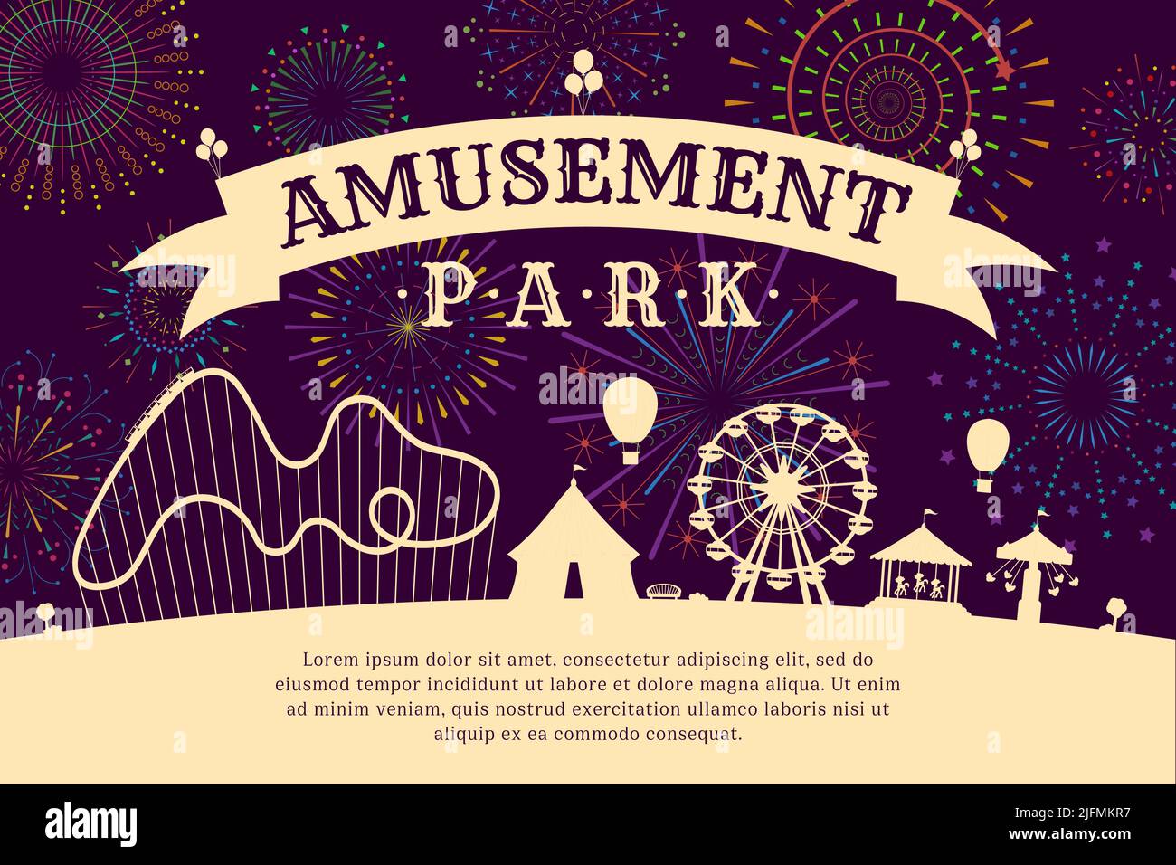 Amusement park poster with firework on night sky. Carnival funfair with ...
